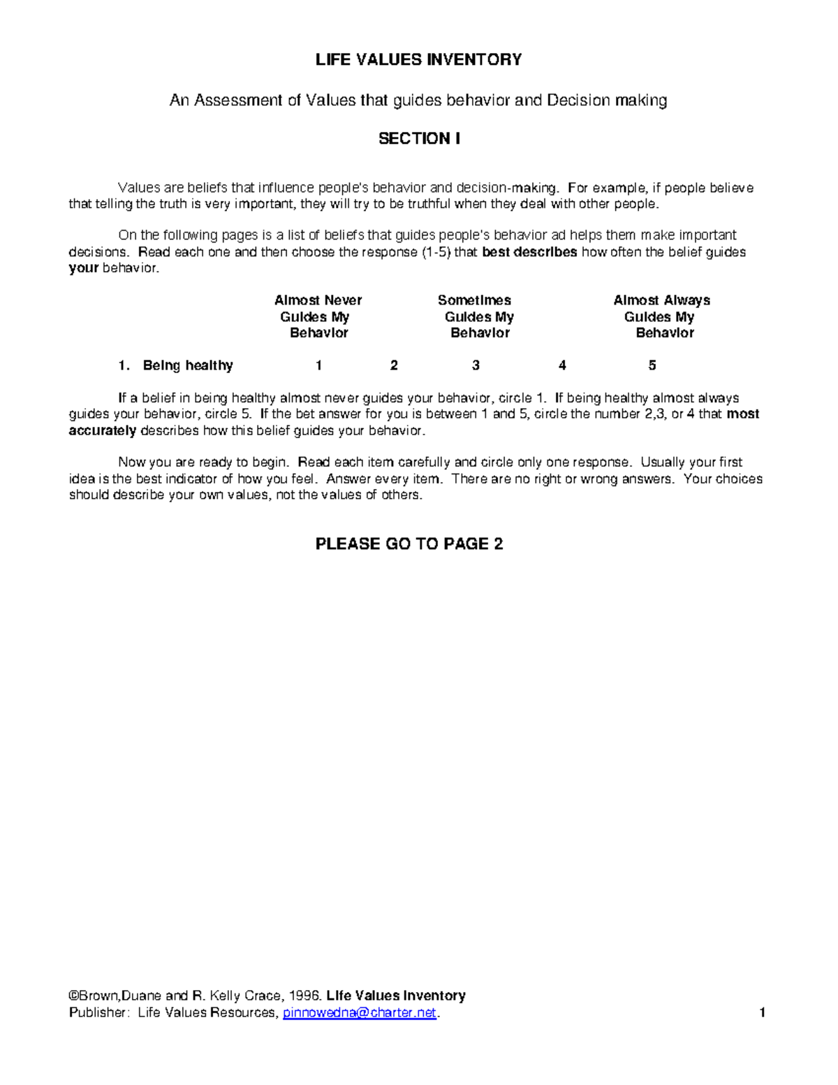 1 - Life Values Inventory - ©Brown,Duane and R. Kelly Crace, 1996. Life ...