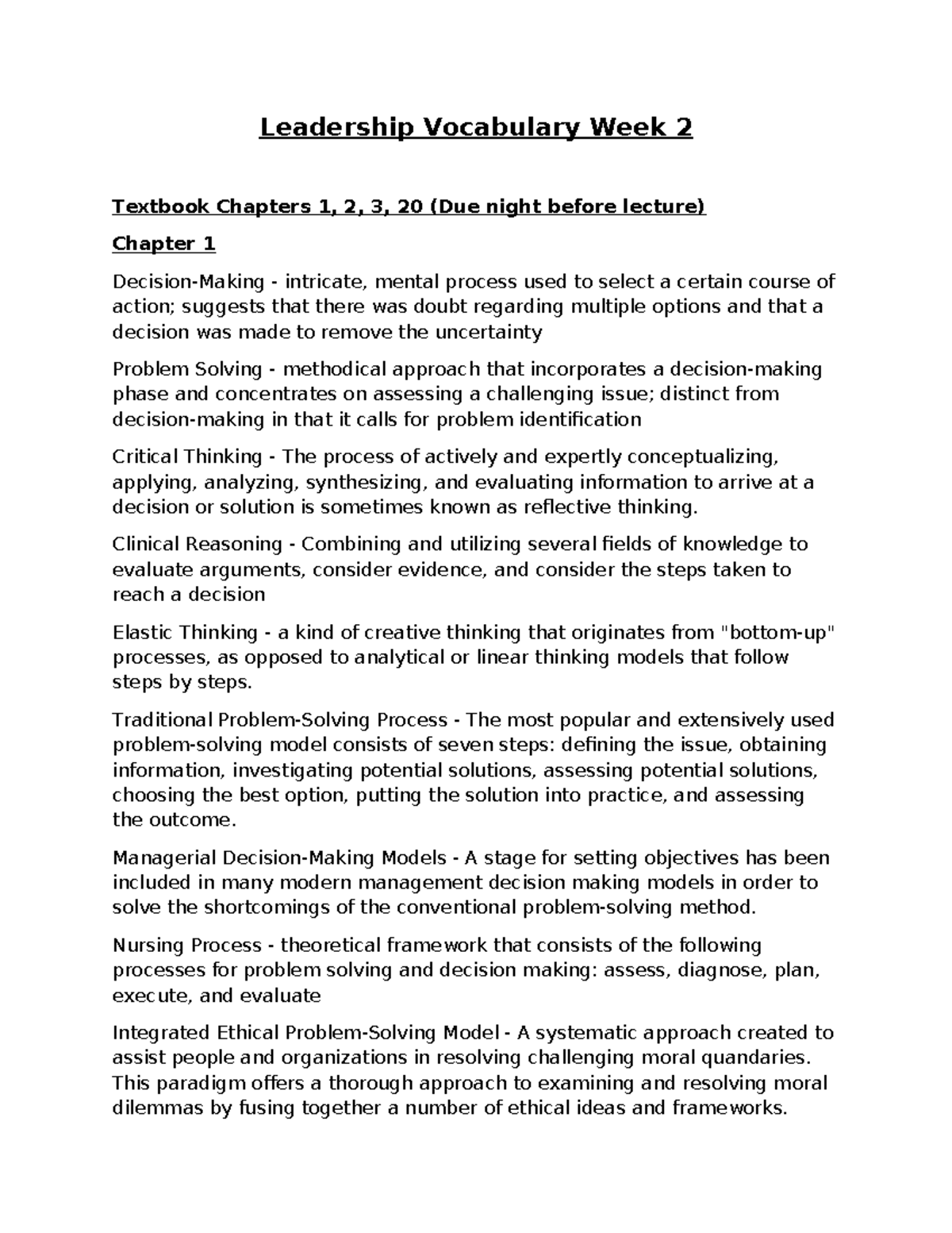 Leadership+Vocabulary Week2 - Clinical Reasoning - Combining and ...