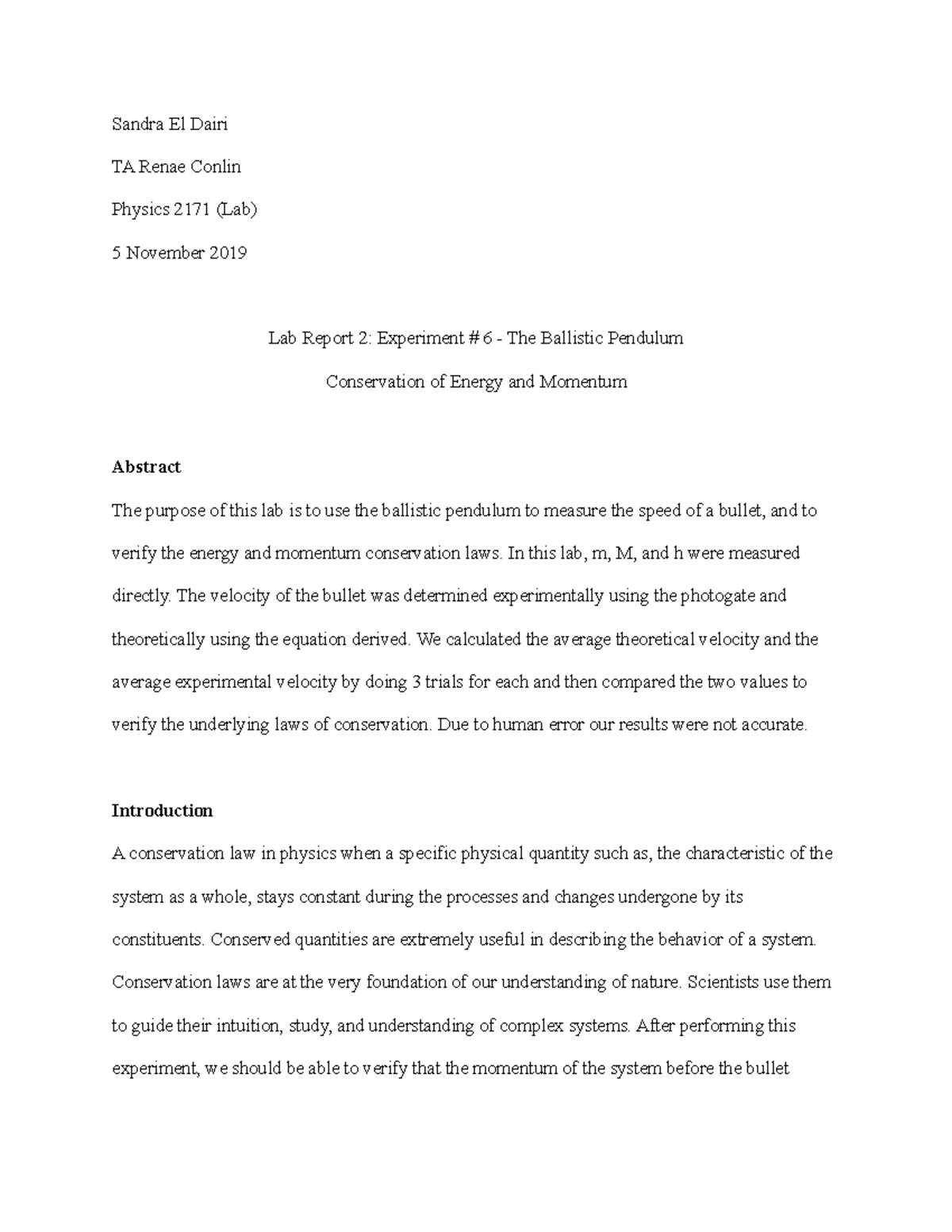 Physics 1 lab report 2 copy - Sandra El Dairi TA Renae Conlin Physics ...