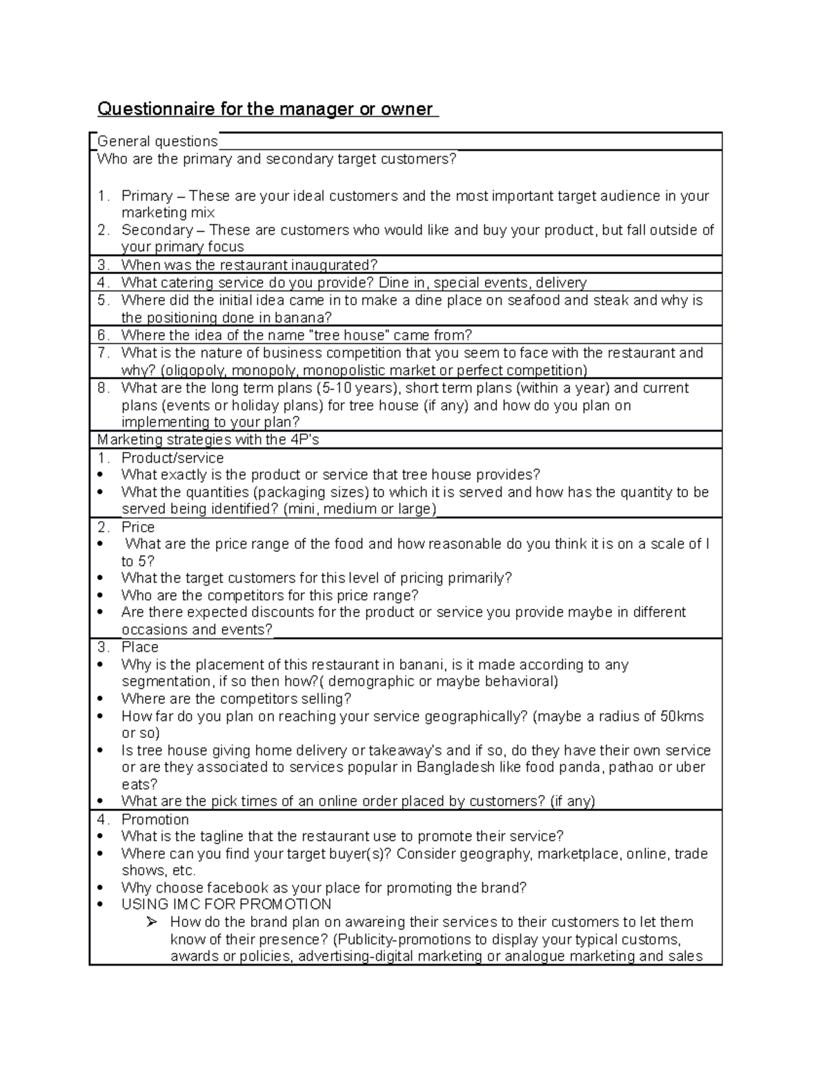 Questionnaire for marketing - Questionnaire for the manager or owner ...