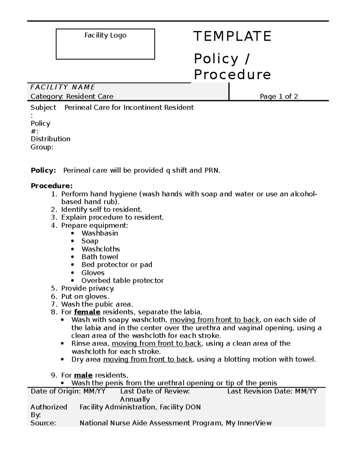 UTI Perineal Care For Incontinent Resident Template - Facility Logo T ...