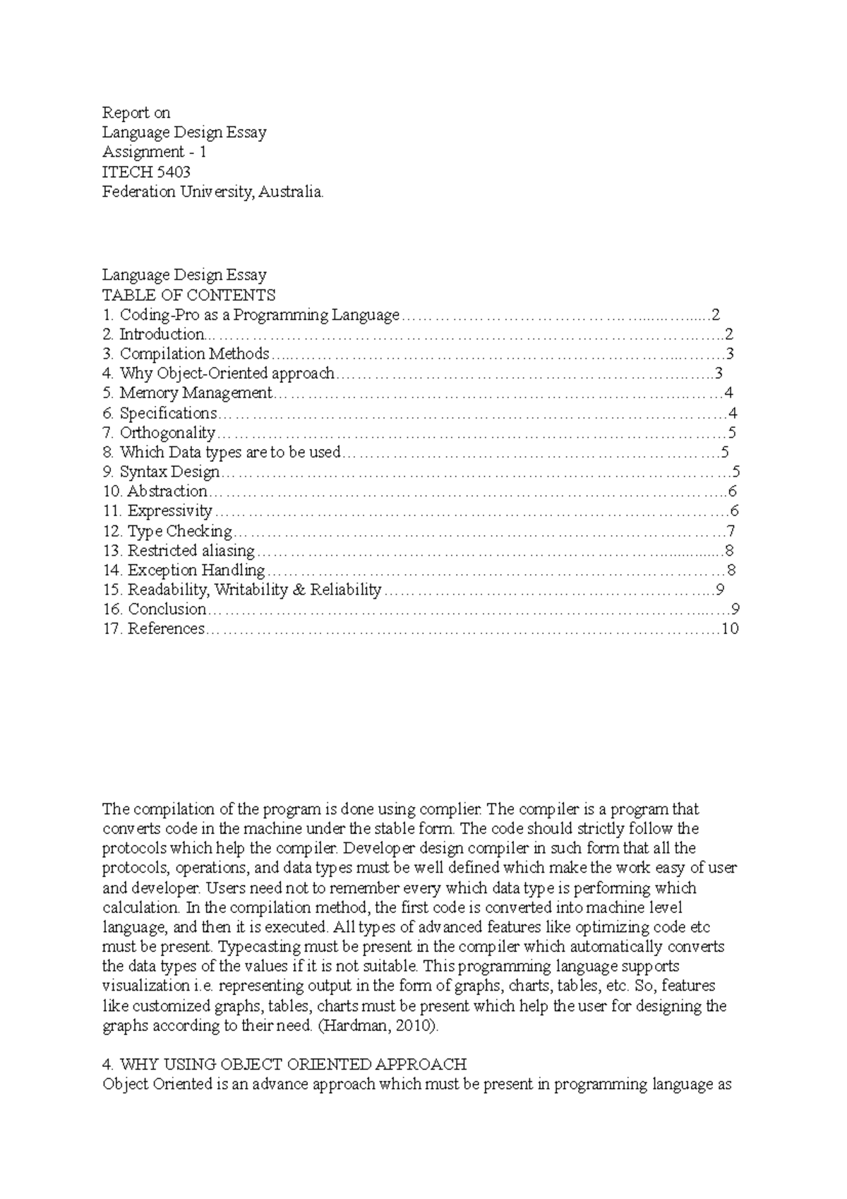 Essay Language Design - Report on Language Design Essay Assignment - 1 ITECH 5403 Federation ...