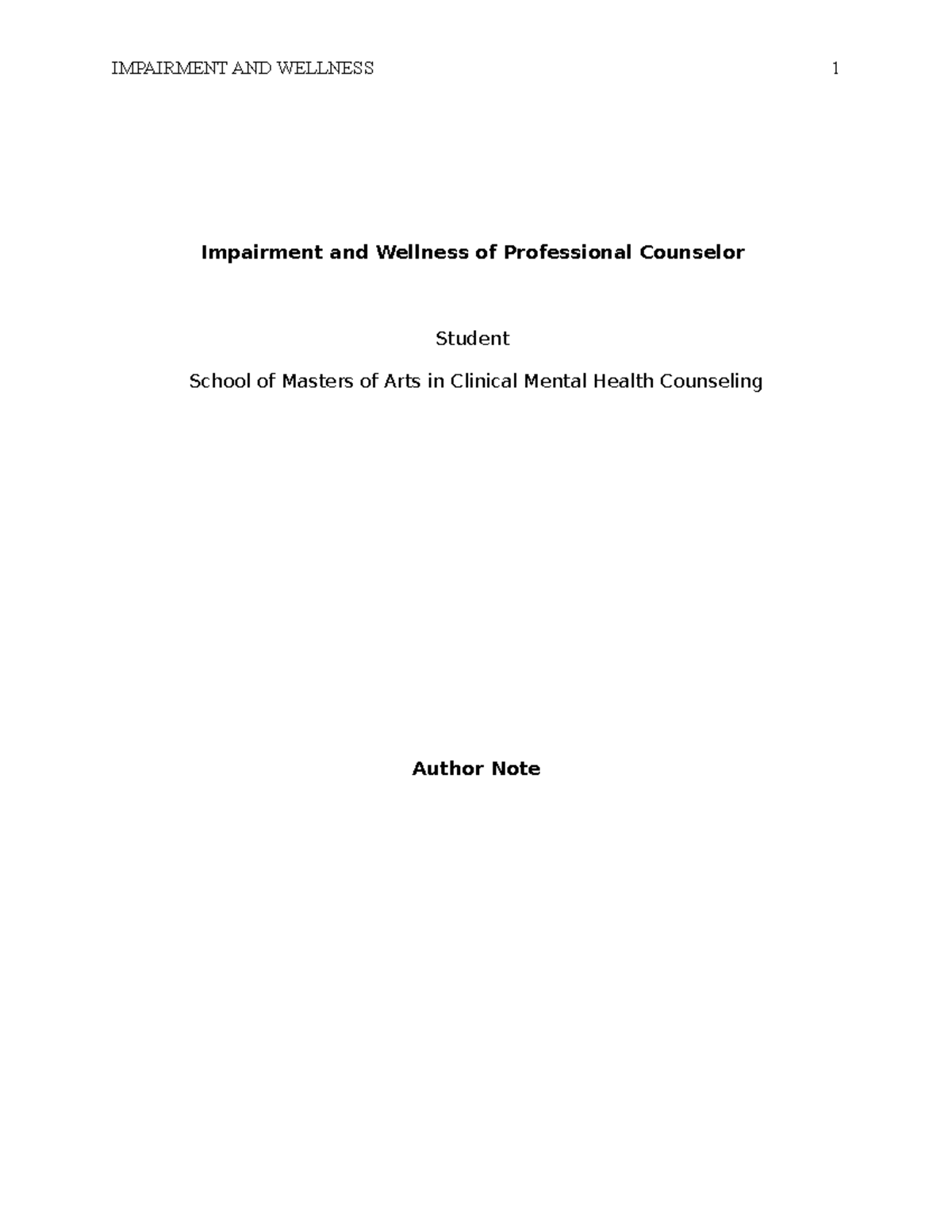 Benchmark Impairment and Wellness of Professional Counselor ...