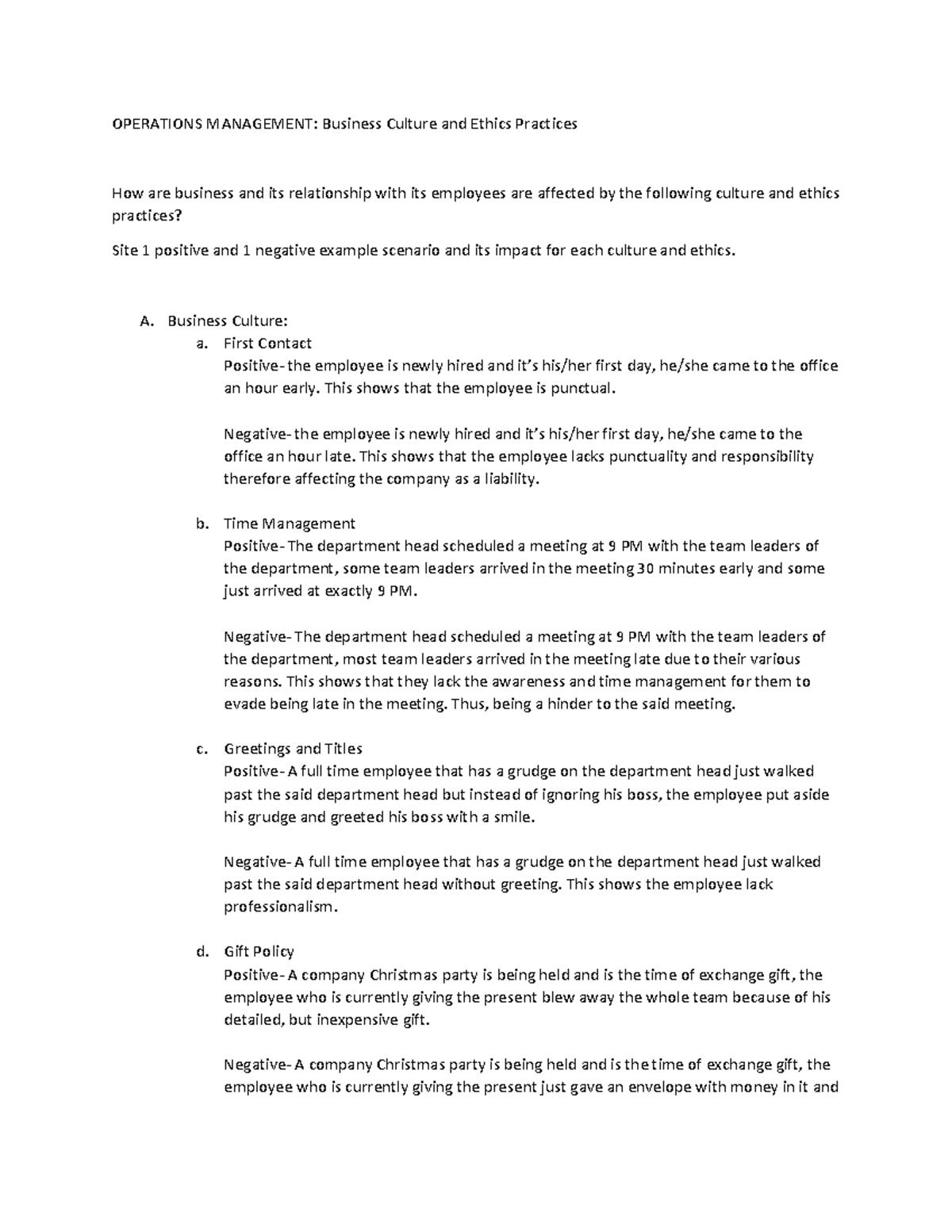 Business Culture and Ethics Practices - Operations Management - Studocu