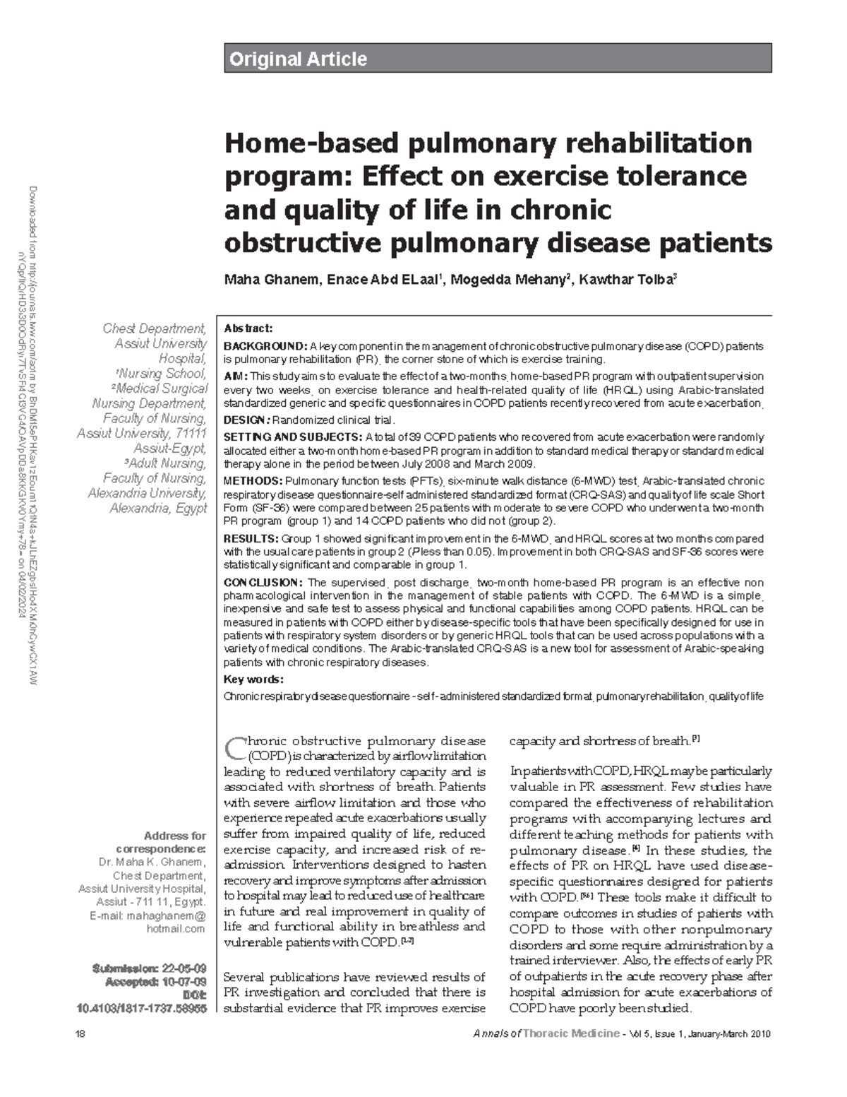 Home based pulmonary rehabilitation program - Address for ...