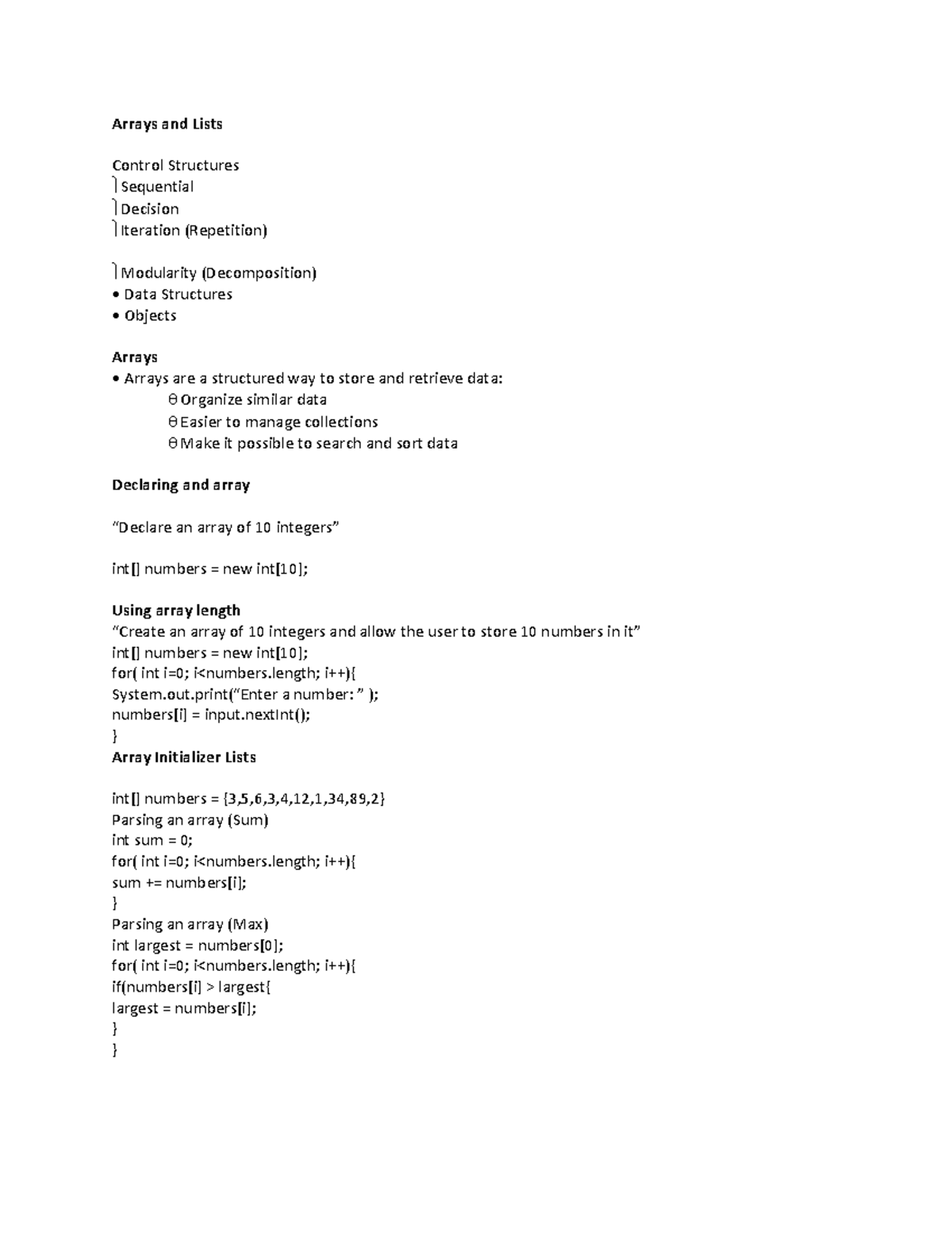 Comp 600 Lecture Notes 3 Arrays And Lists Control Structures Sequential Decision Iteration