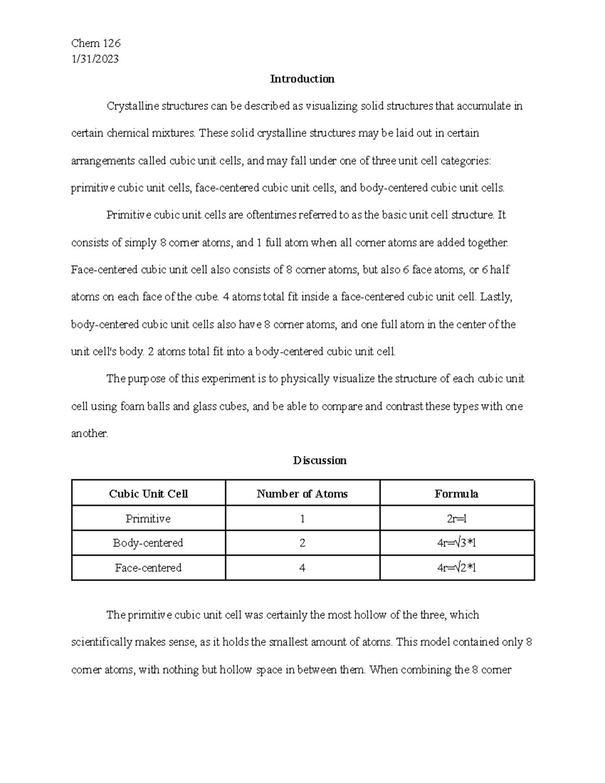Chem 126-Lab 2 - crystal structure post lab summary - Chem 126 1/31 ...