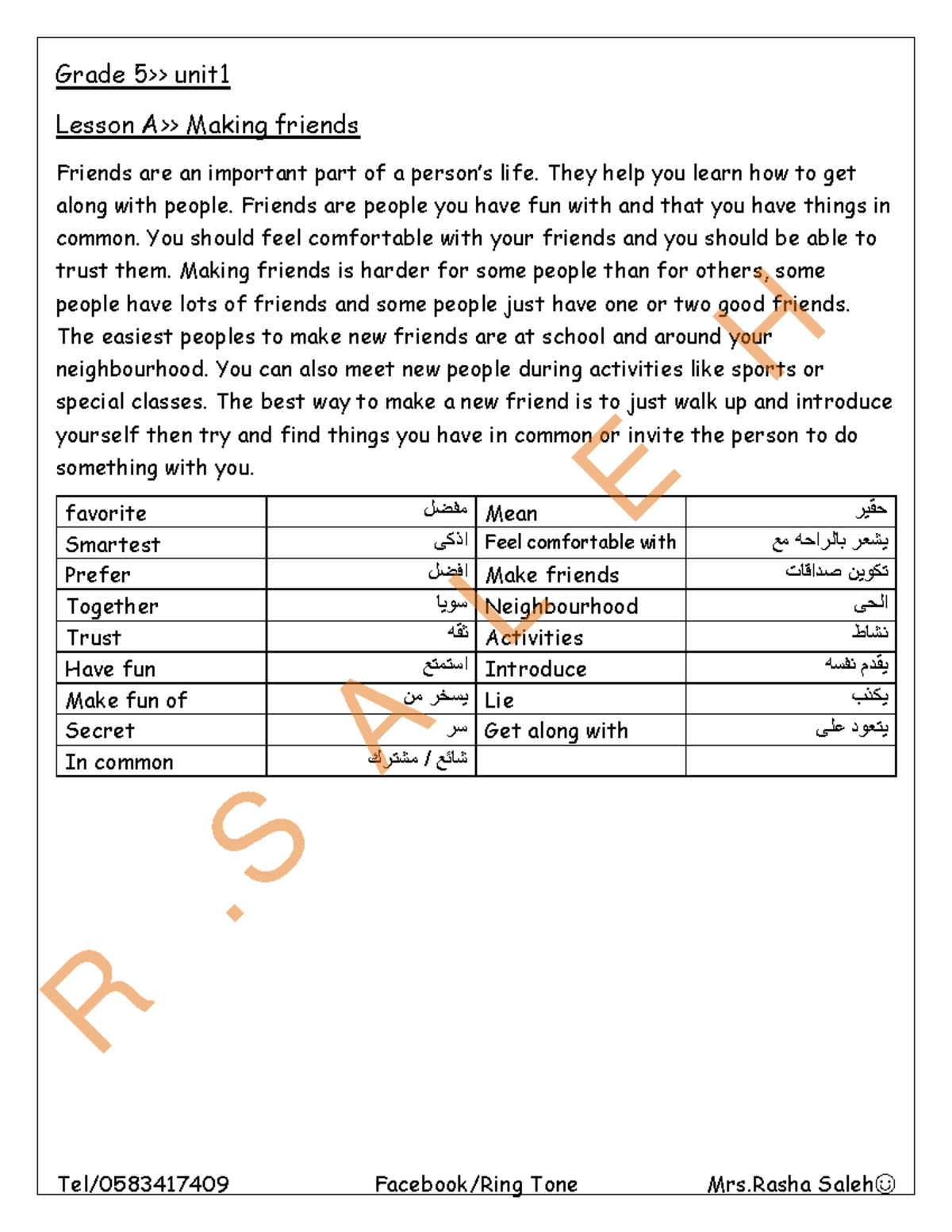 Grade 5-Term1 - n/a - Grade 5>> unit Lesson A>> Making friends Friends ...
