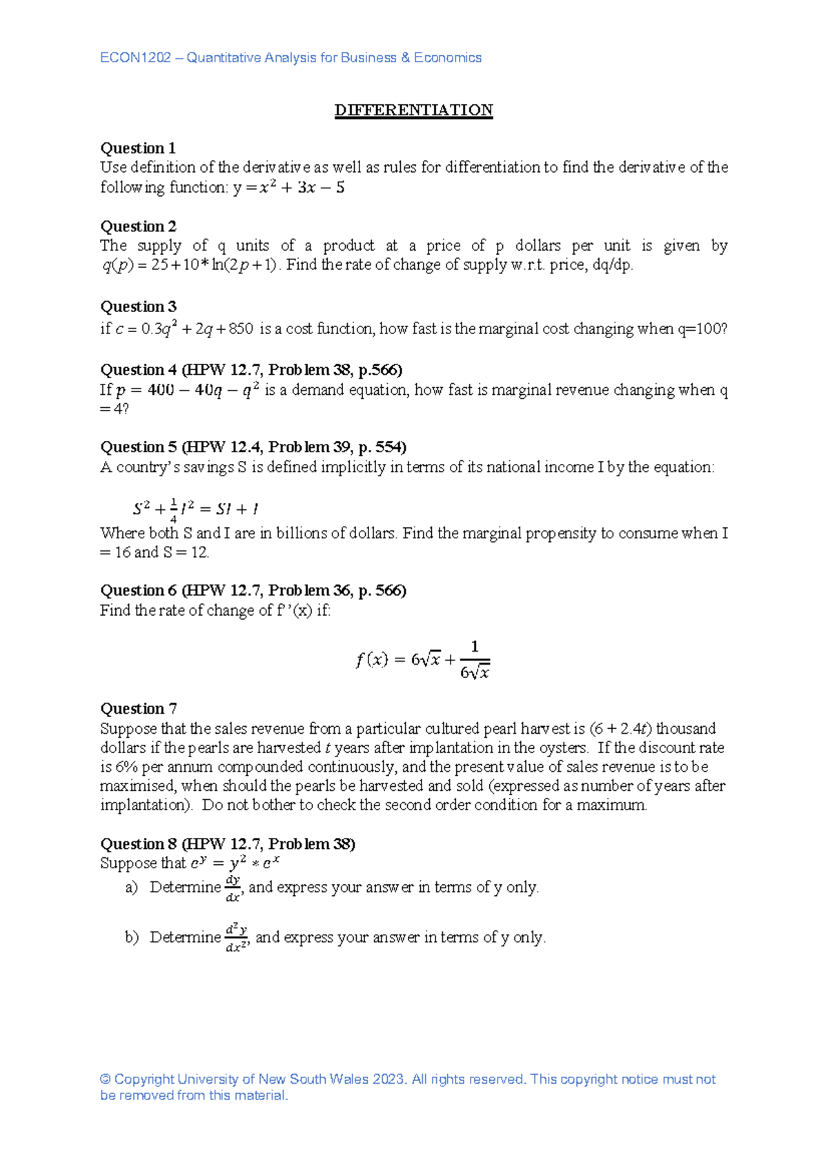 Differentiation - Extra tutorial - ECON1202 – Quantitative Analysis for Business & Economics ...