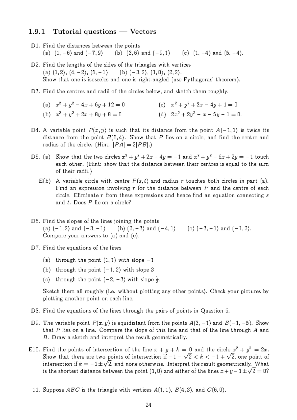 Tut questions Chapter 1 - 1.9 Tutorial questions — Vectors D1. Find the ...