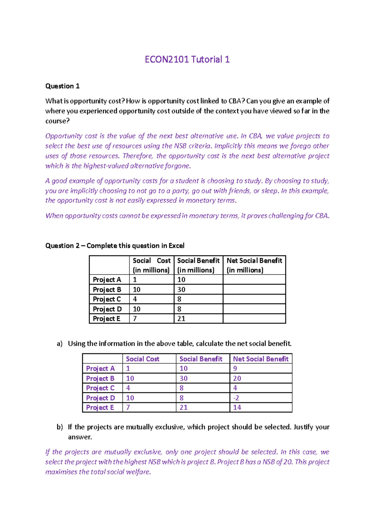 ECON2101 Tutorial 1 answers - ECON2101 Tutorial 1 Question 1 What is ...