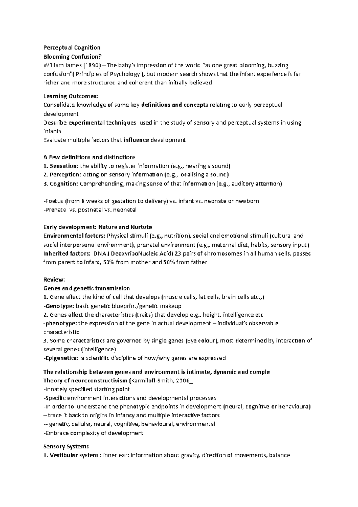 Perceptual developmet - Perceptual Cognition Blooming Confusion ...