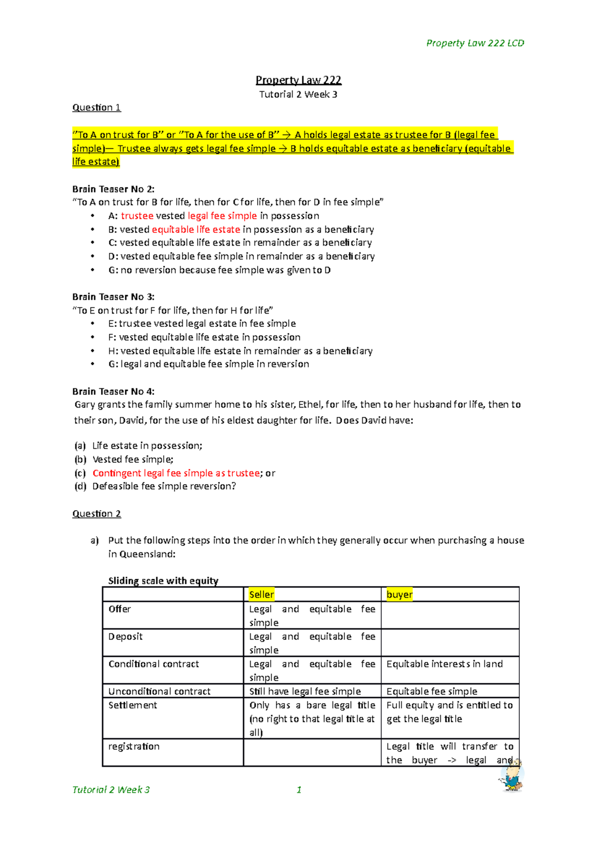 Tutorial 2 Week 3 222 Q - Property Law 222 Tutorial 2 Week 3 Question 1 ‘’To A on trust for B ...