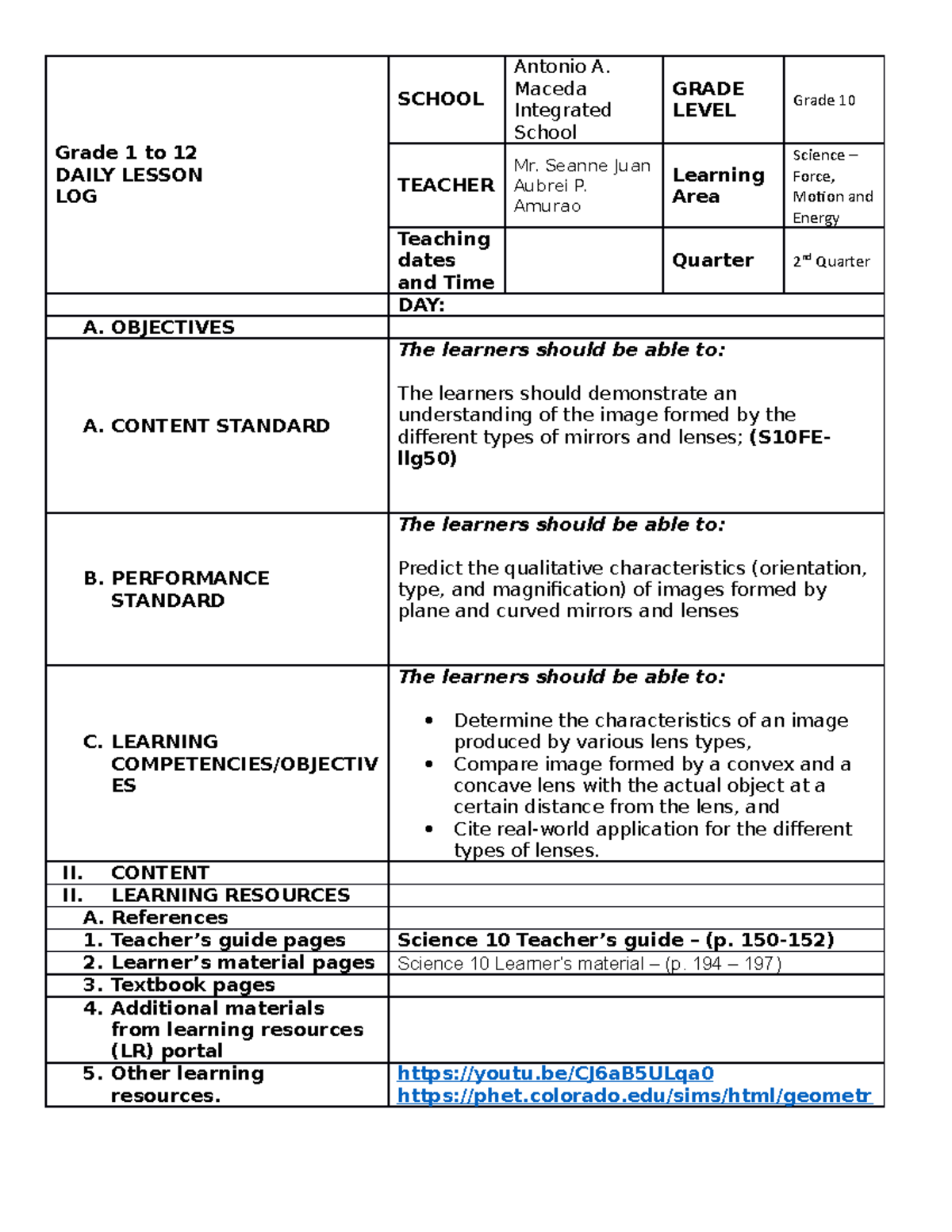 Amurao dlp-refraction of light in lenses - Grade 1 to 12 DAILY LESSON ...