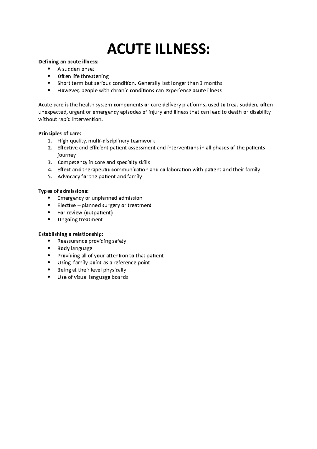 Acute EXAM notes - ACUTE ILLNESS: Defining an acute illness: A sudden ...