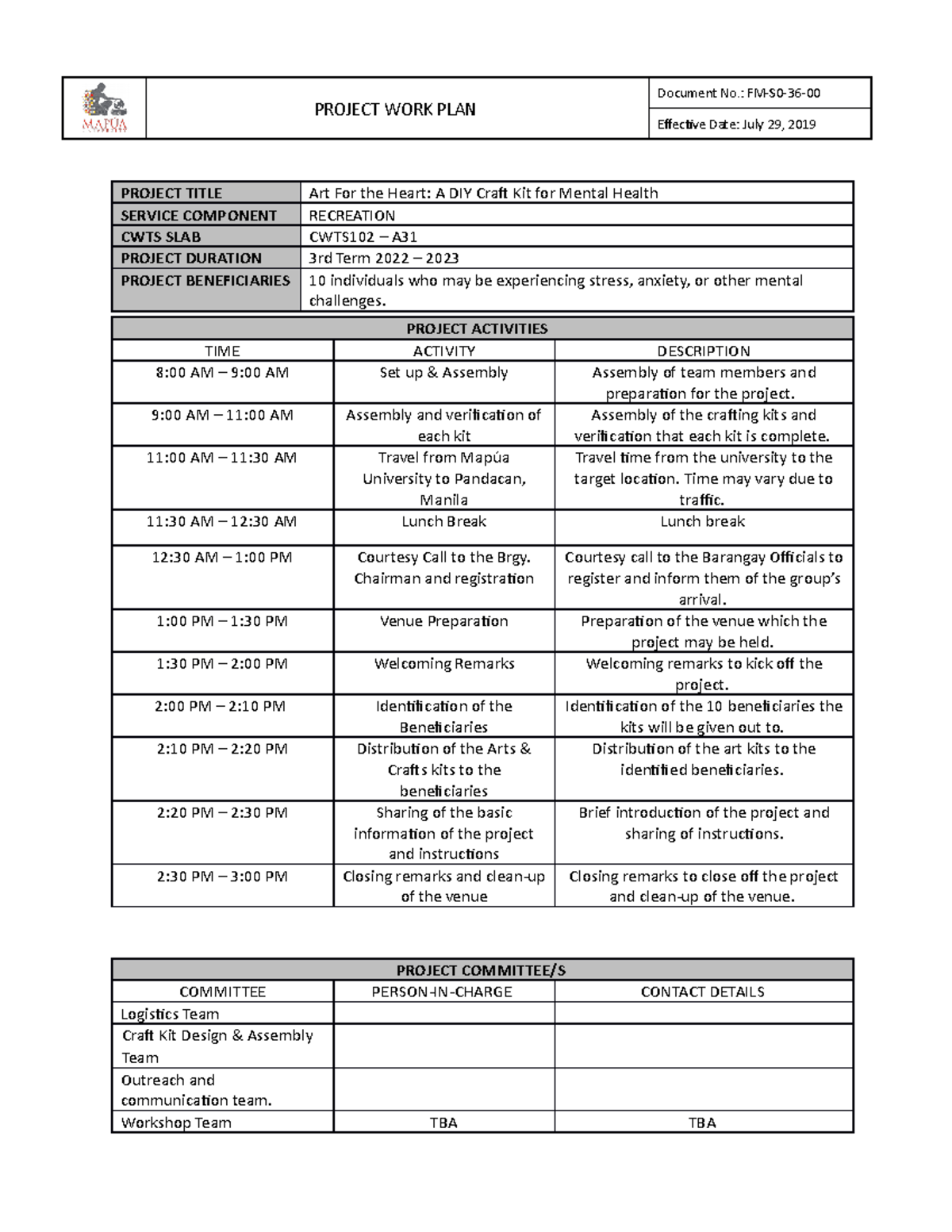 Project Work Plan - Work Plan - PROJECT WORK PLAN Document No.: FM-S0 ...
