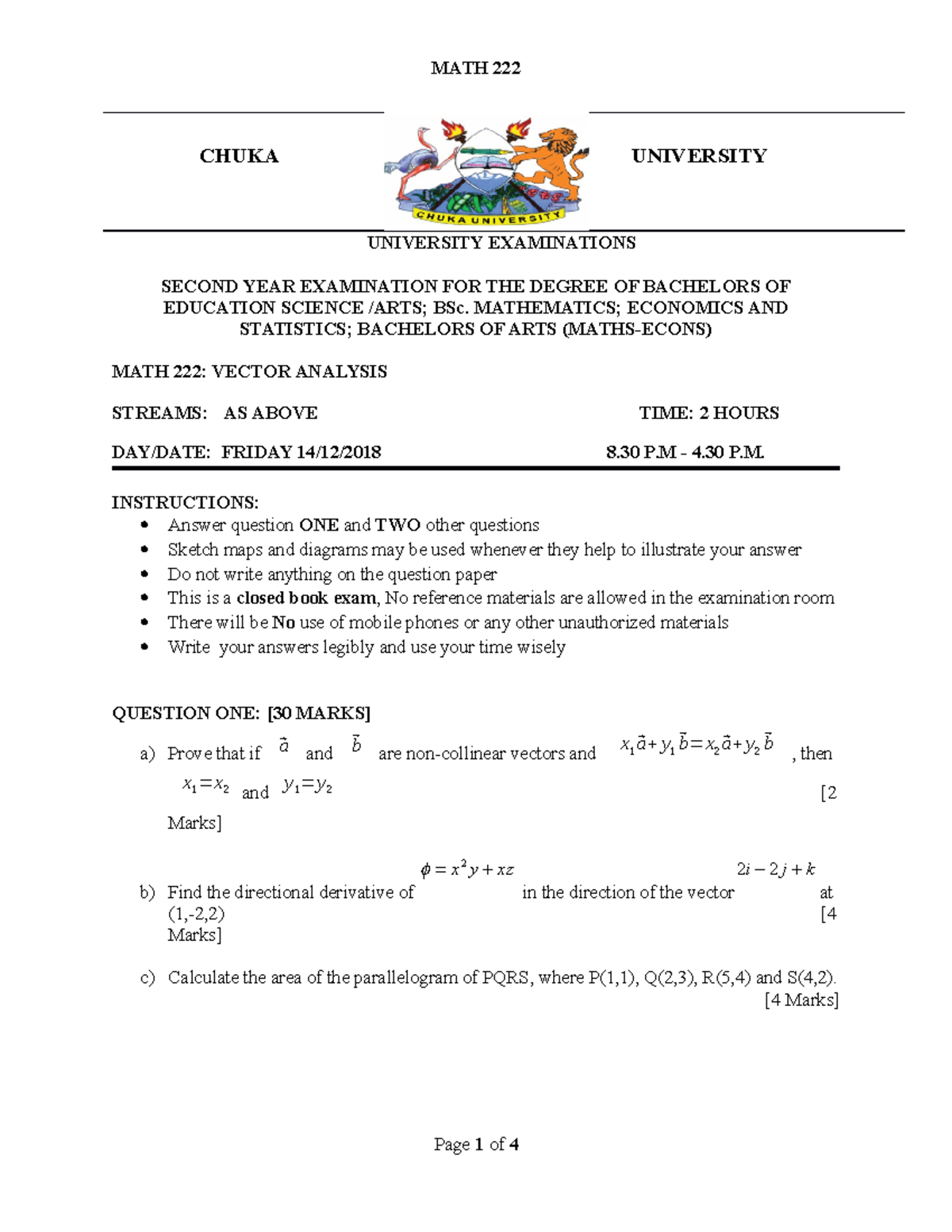 MATH 222 - good study materials - CHUKA UNIVERSITY UNIVERSITY EXAMINATIONS SECOND YEAR ...