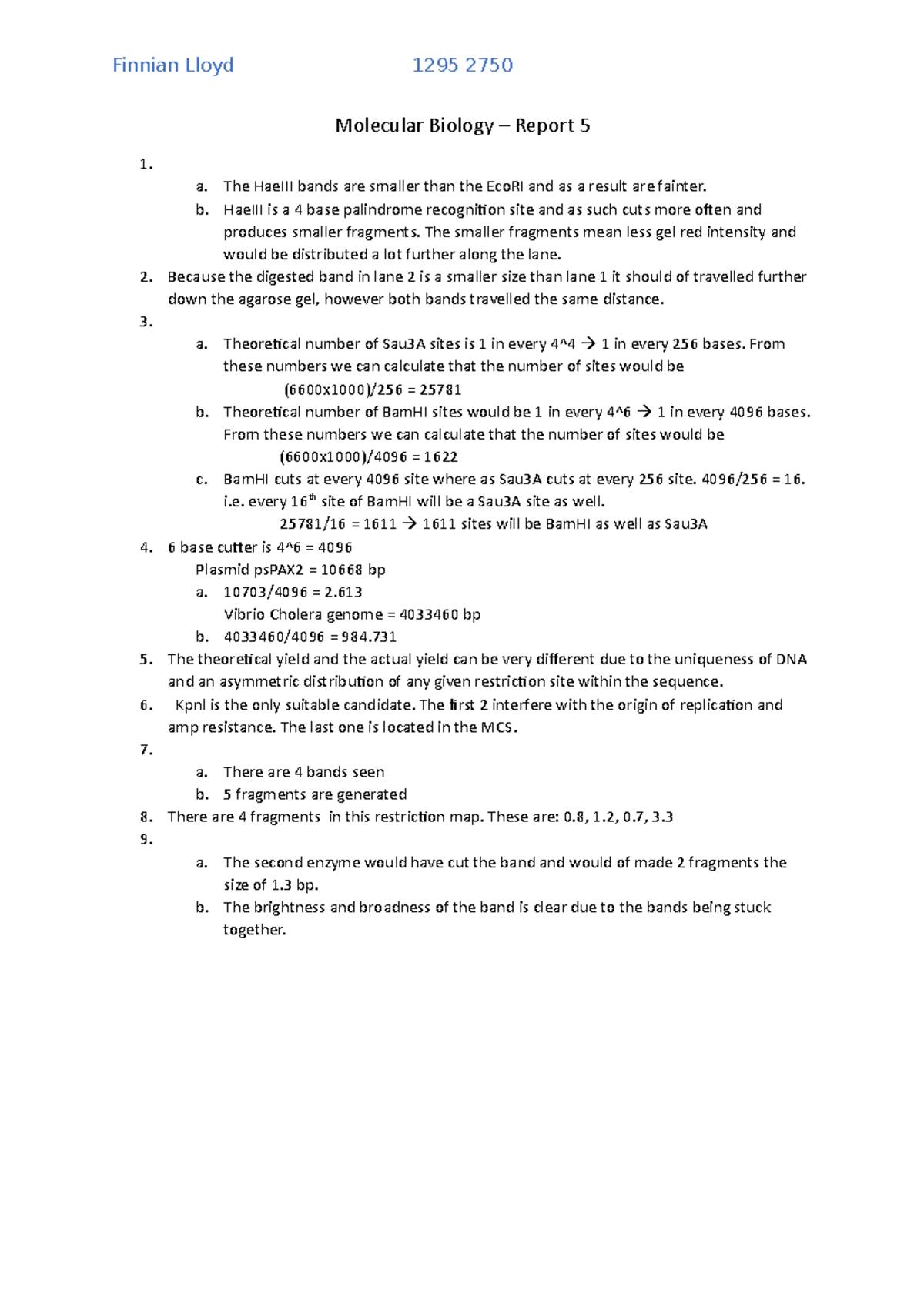 Molecular Biology report 5 - Finnian Lloyd 1295 2750 Molecular Biology ...