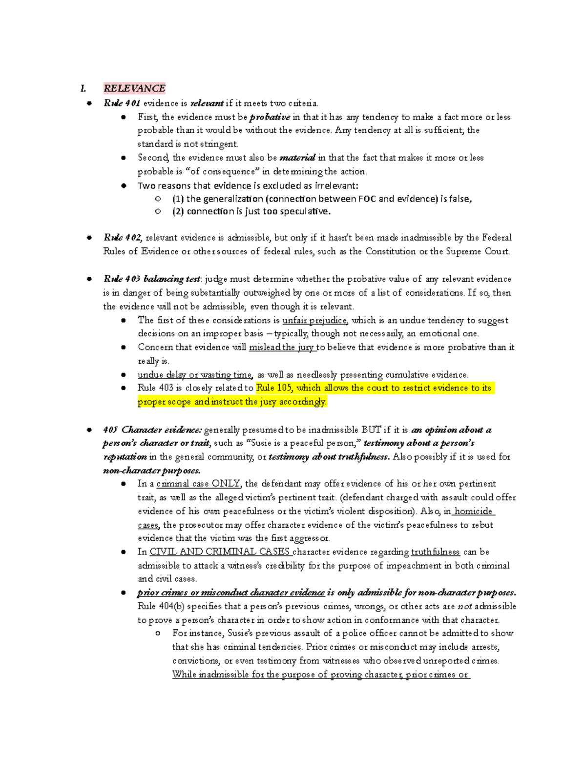 Evidence Lean Outline - Pardo - I. RELEVANCE Rule 401 evidence is ...