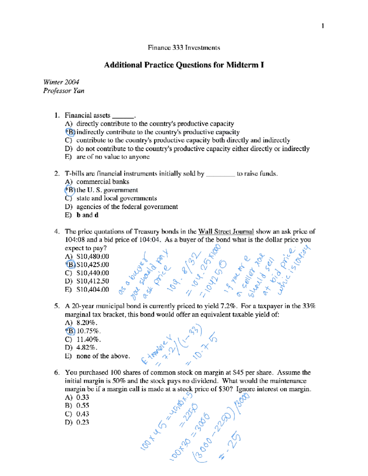 Additional Practice Questions for Midterm I - PDF Free Download - fin3710 - Studocu
