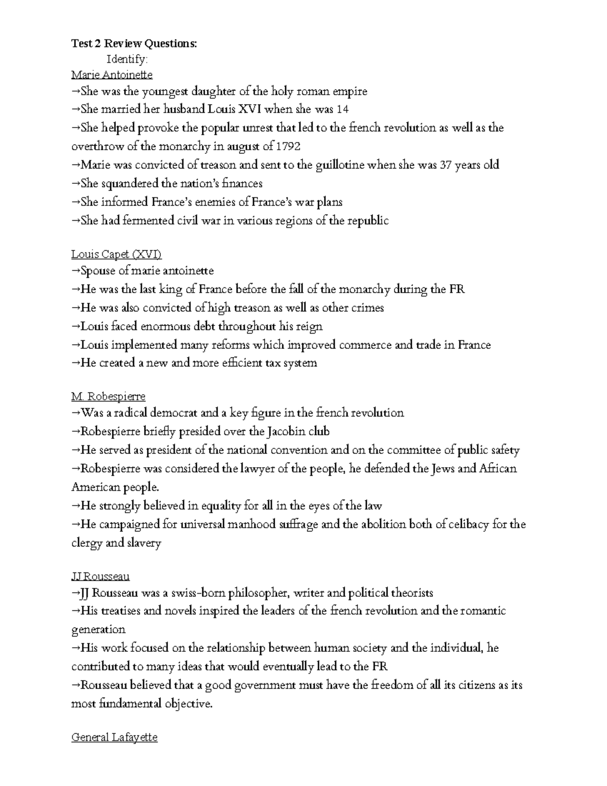 Unit 2 Test Review - notes - Test 2 Review Questions: Identify: Marie ...