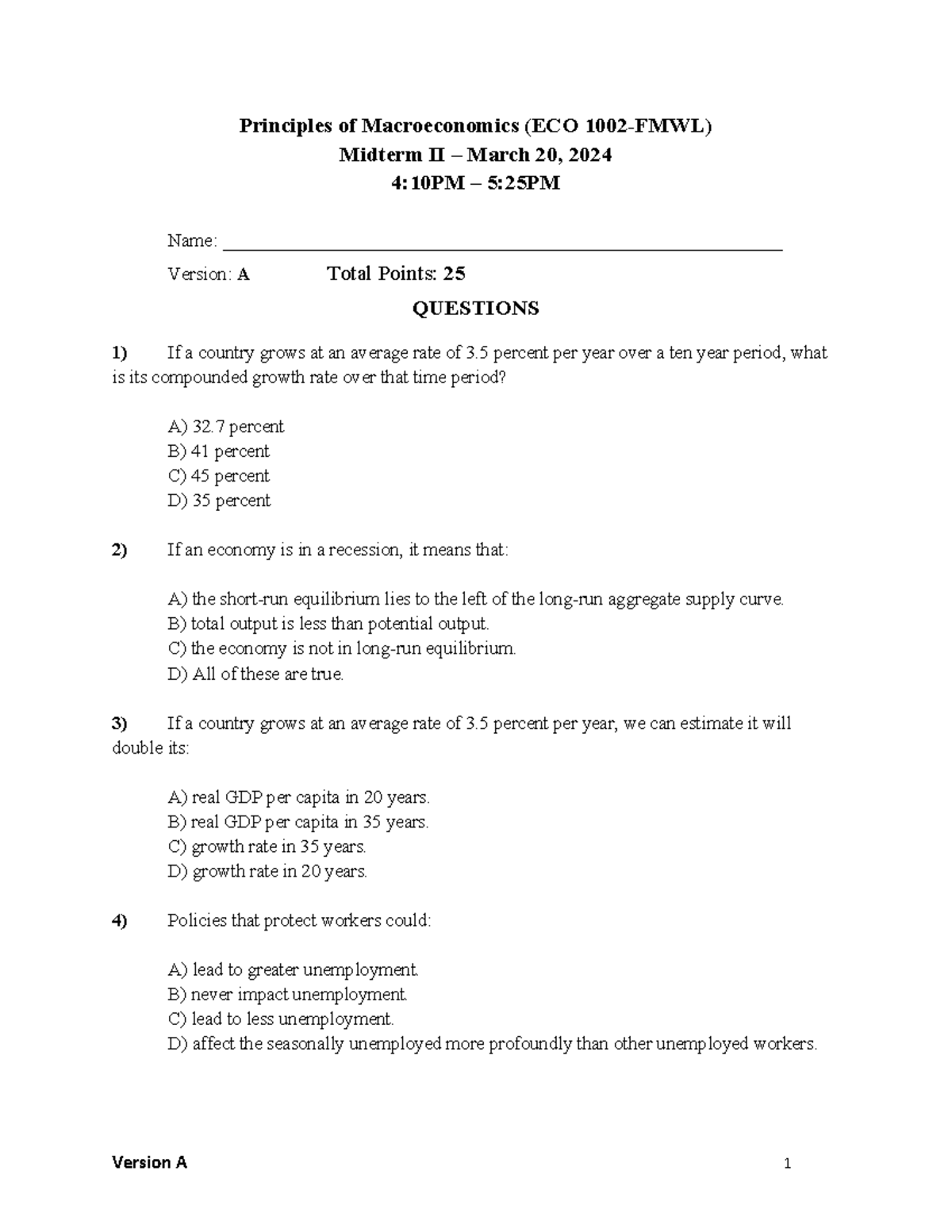 Spring 2024 Midterm II - Principles of Macroeconomics (ECO 1002-FMWL) Midterm II – March 20 ...