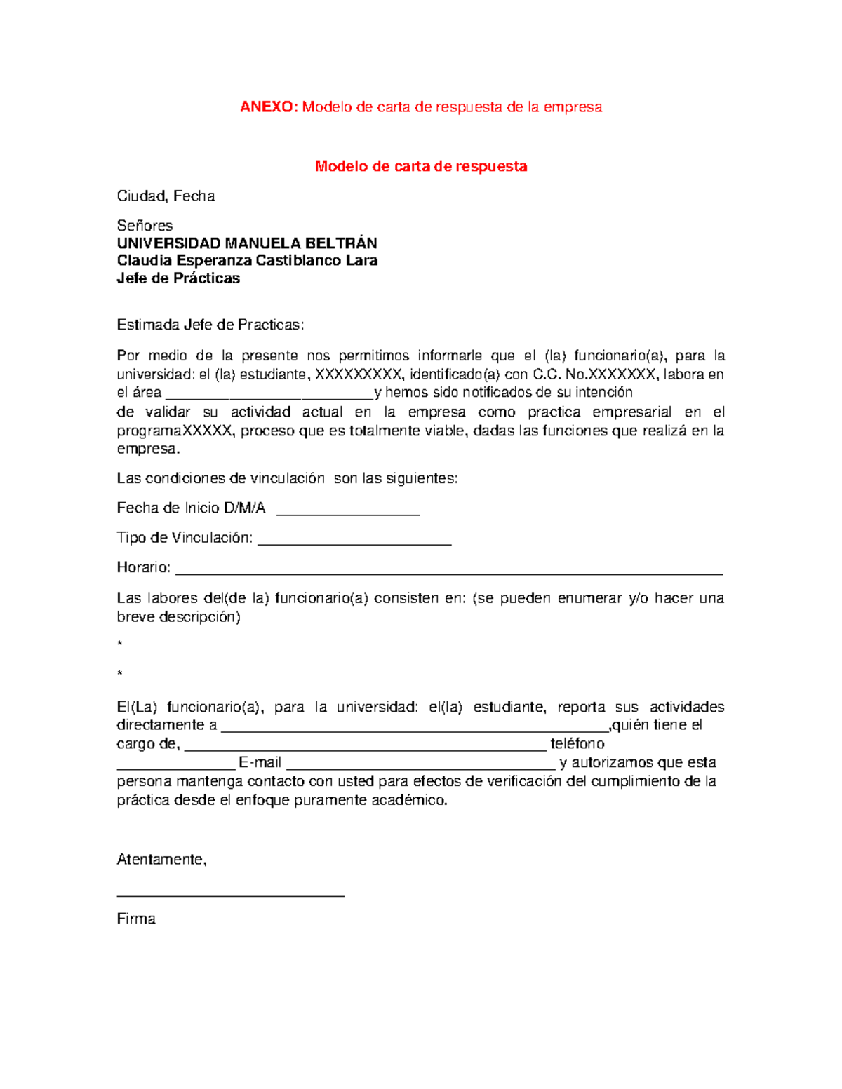 Modelo Carta DE Aceptacion - ANEXO: Modelo de carta de respuesta de la ...