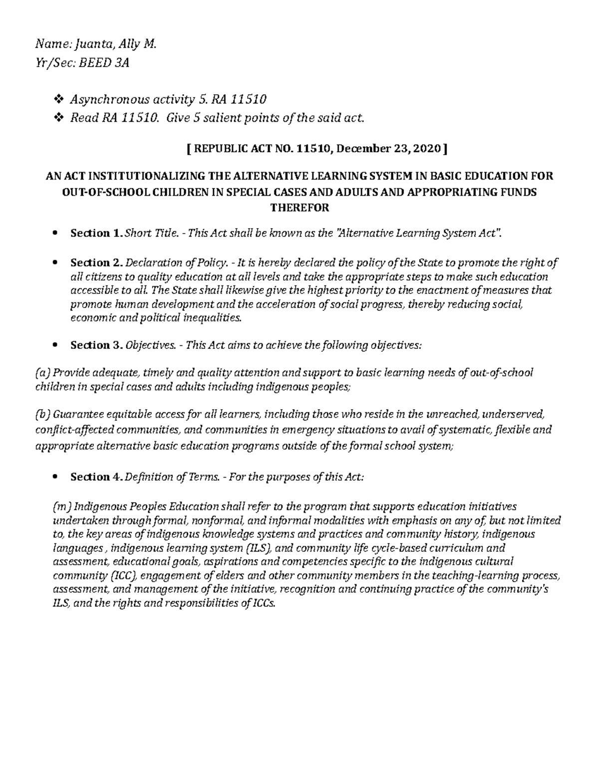 Asynchronous activity 5. RA 11510 - Name: Juanta, Ally M. Yr/Sec: BEED ...