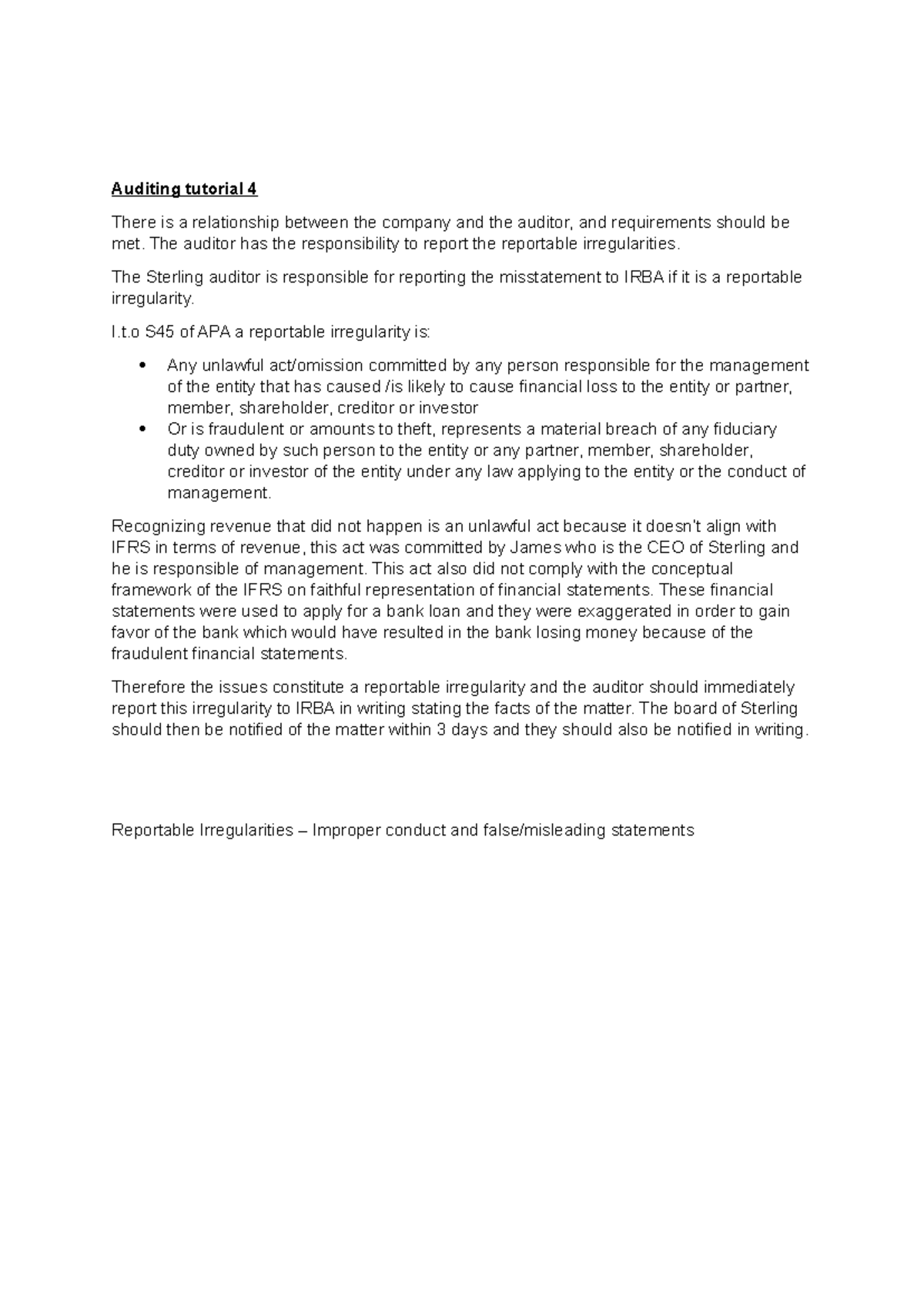 AAE200 TUT4 - Reportable Irregularities tutorial - Auditing tutorial 4 ...