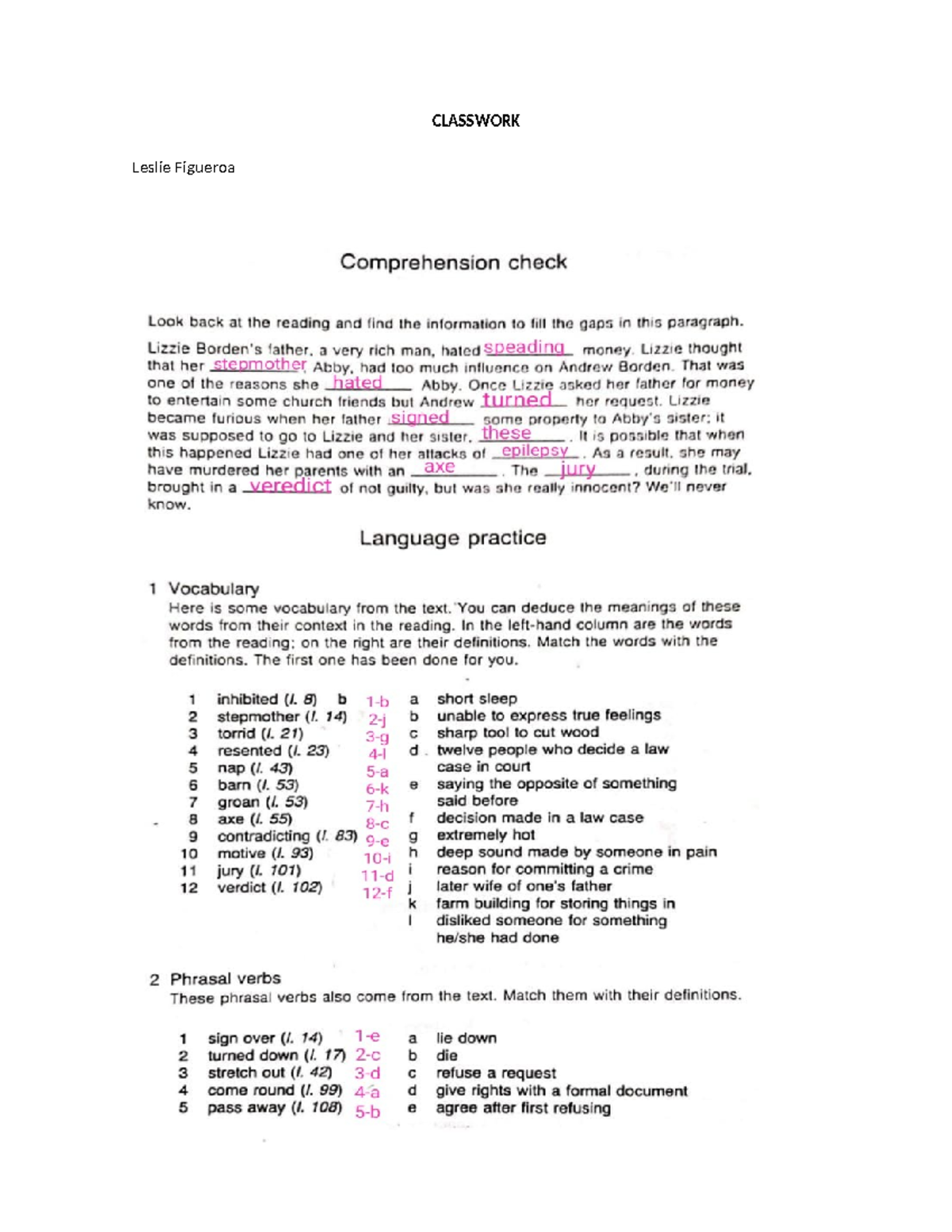 Classwork exercice - ingles - CLASSWORK Leslie Figueroa - Studocu