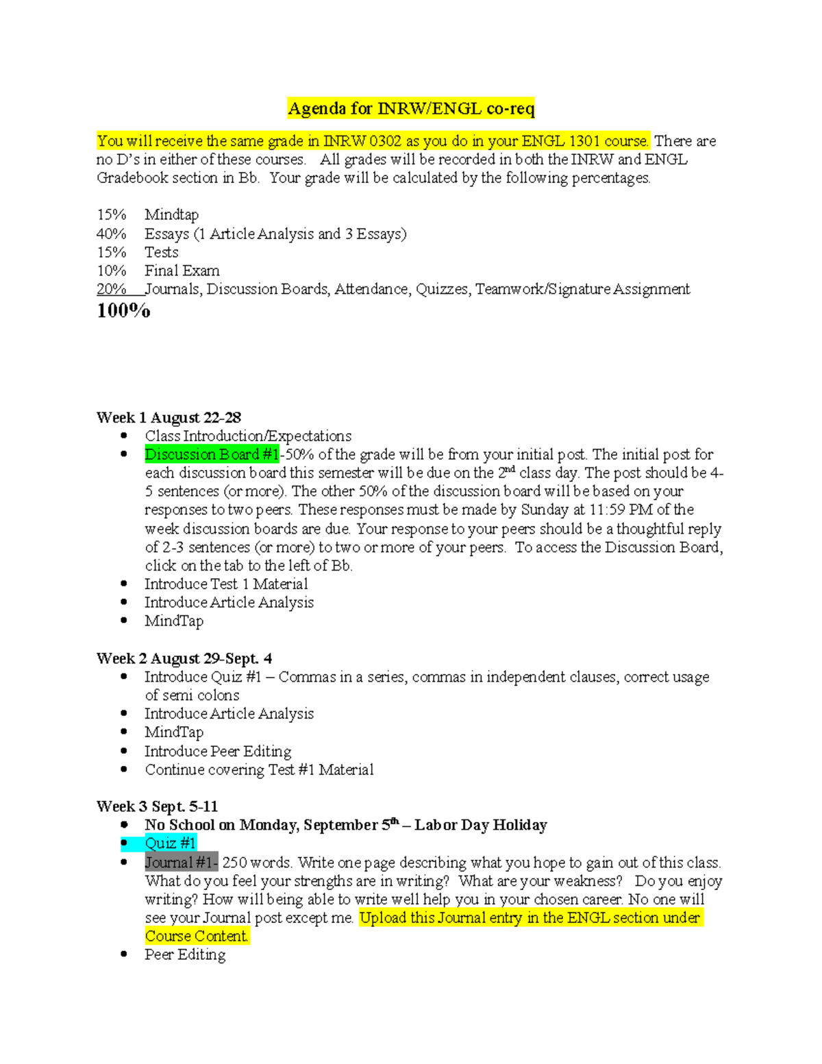 Agenda revised for October - Agenda for INRW/ENGL co-req You will ...