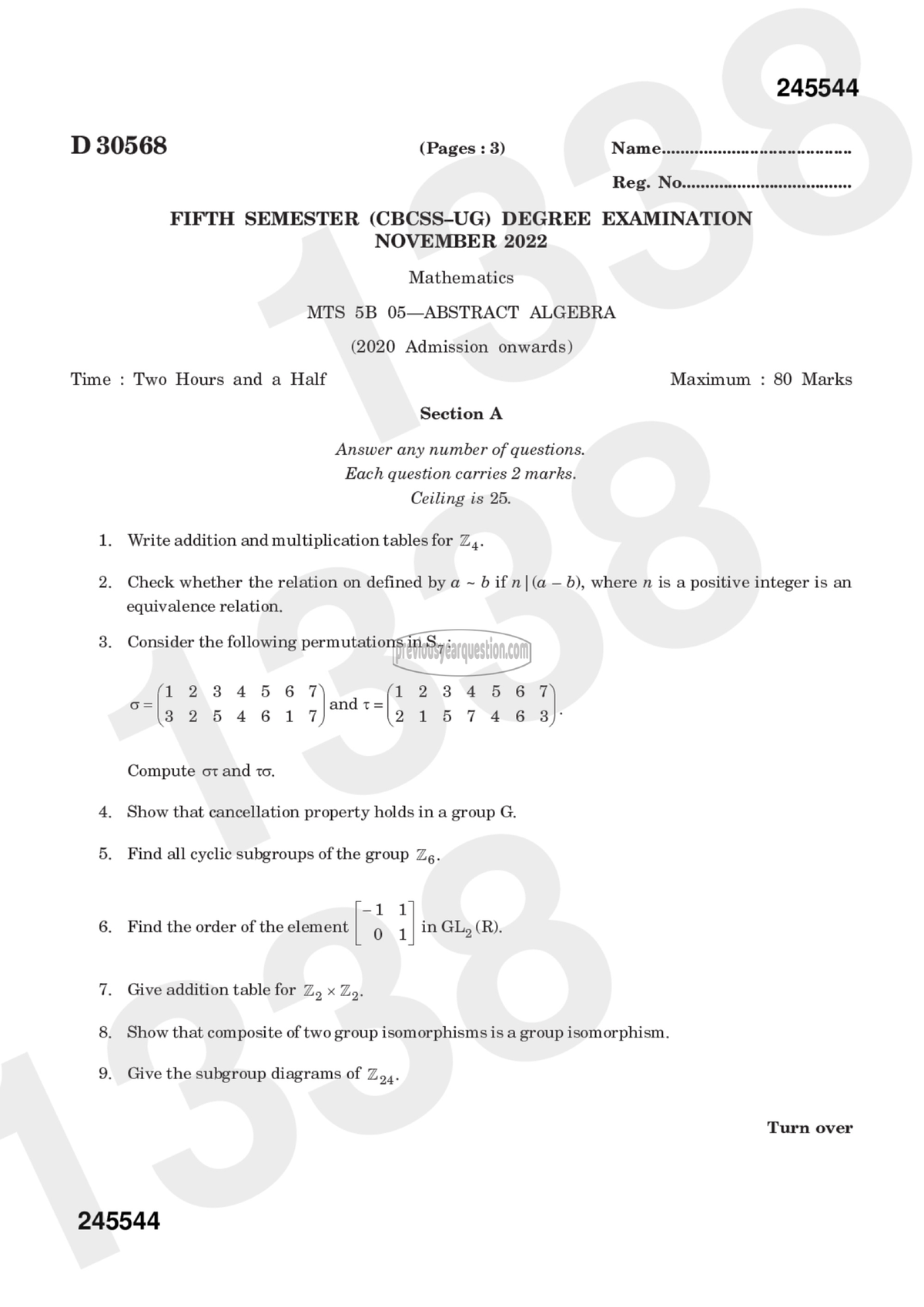 Abstract algebra mts 5b 05 2022 november - 245544 D 30568 (Pages : 3 ...