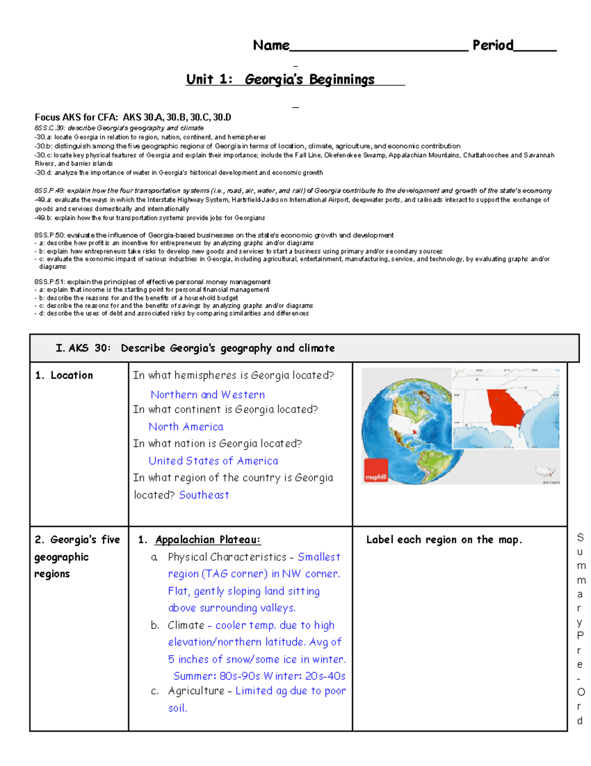 Unit 1 - .... - Name_____________________ Period_____ Unit 1: Georgia’s ...
