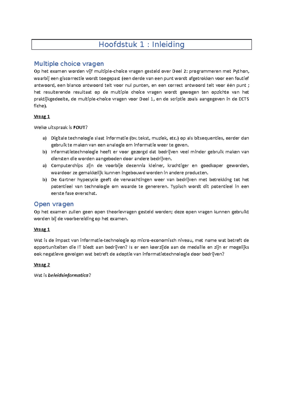 Hoofdstuk 1. Voorbeeldexamenvragen - Hoofdstuk 1 : Inleiding Multiple ...