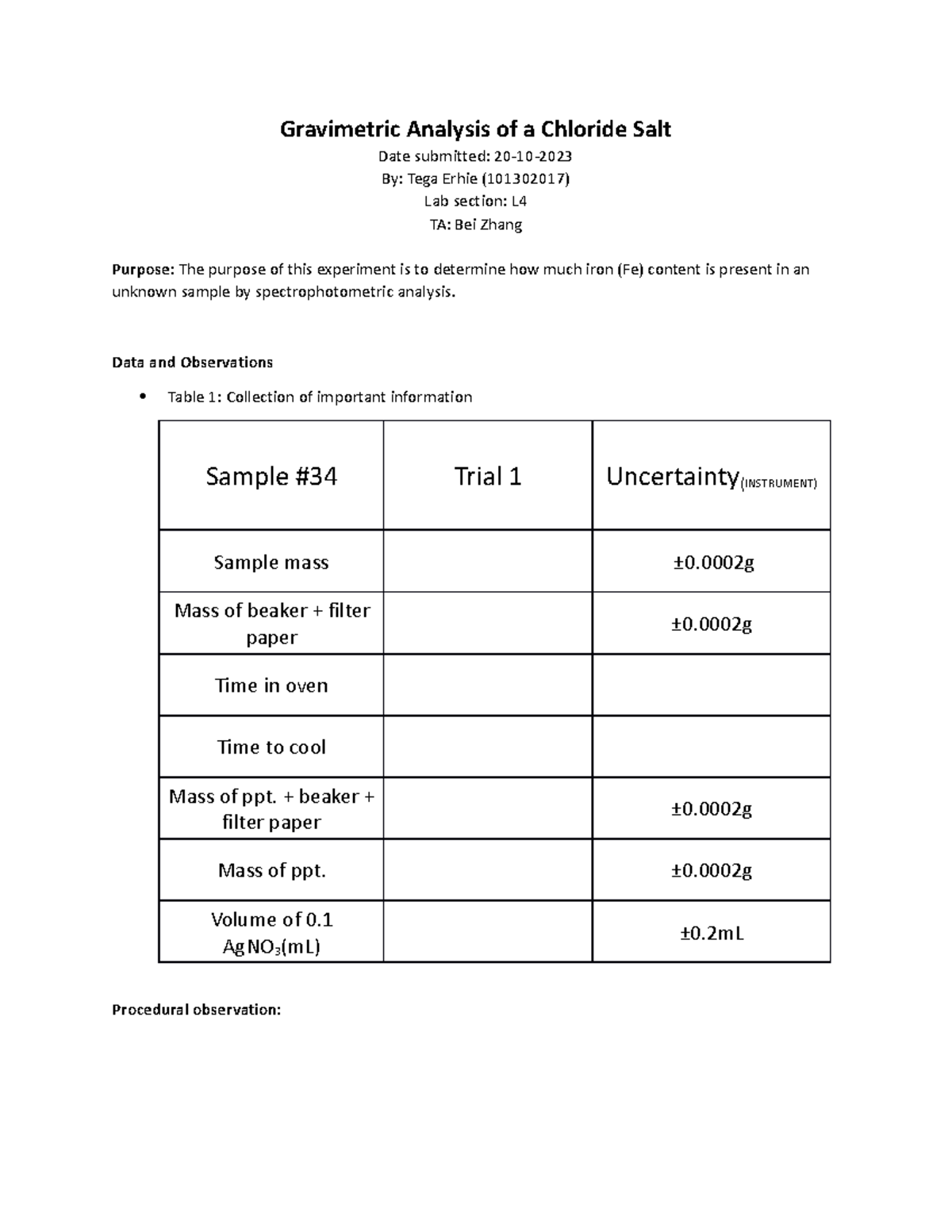G- Pre Lab Report - g PRE LAB - Gravimetric Analysis of a Chloride Salt ...