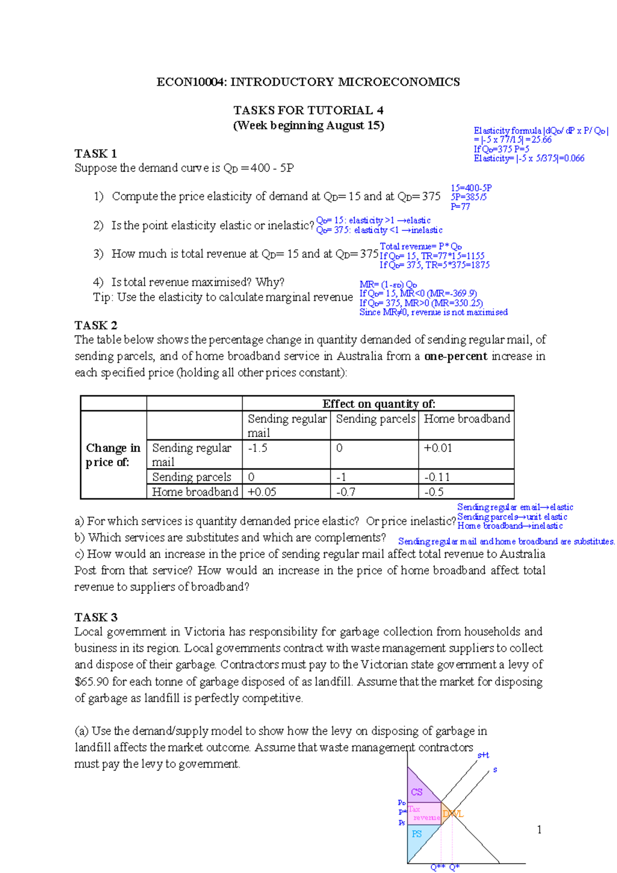 week 4 tutorial task w/answers - 1 ECON10004: INTRODUCTORY MICROECONOMICS TASKS FOR TUTORIAL 4 ...