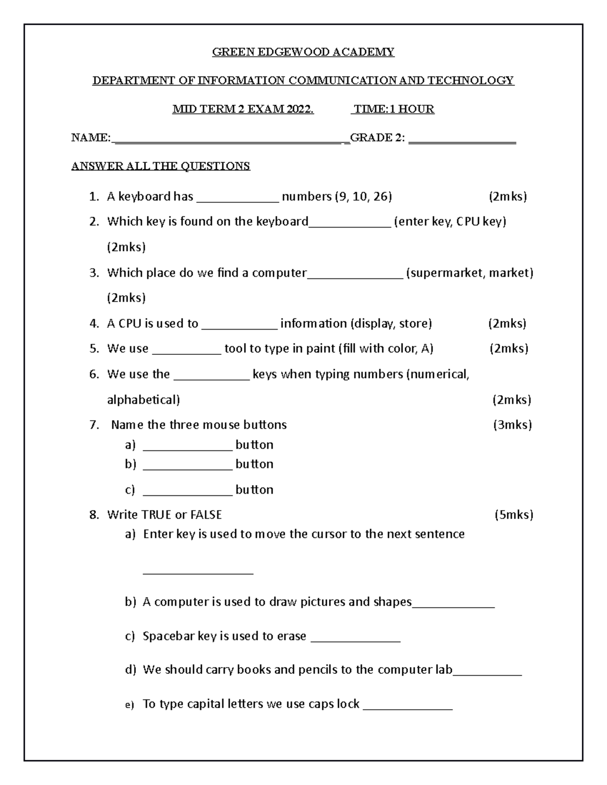 MID TERM Grade 2 - Exam Revision - GREEN EDGEWOOD ACADEMY DEPARTMENT OF ...