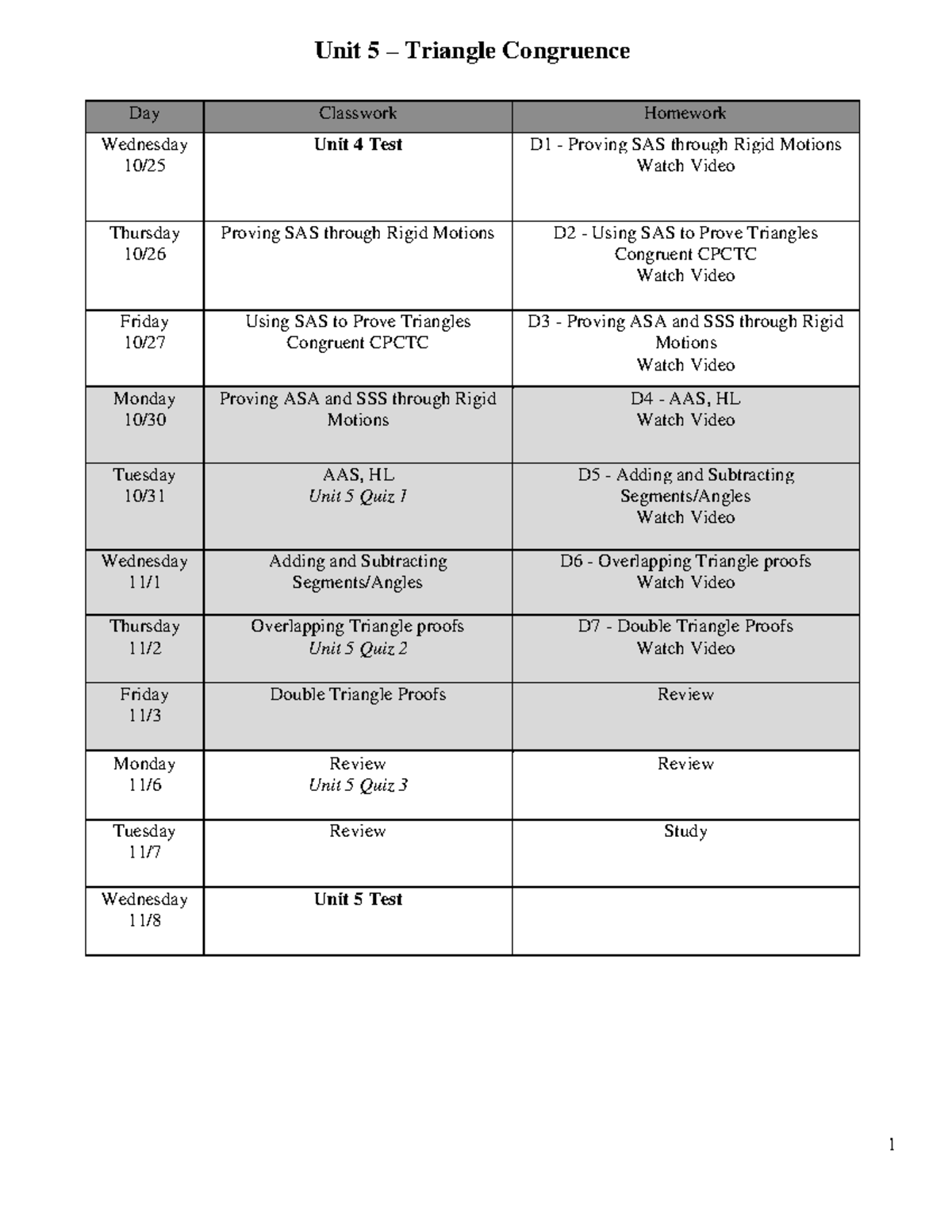 Unit 5 Notes - Triangle Congruence 2017 - Unit 5 – Triangle Congruence ...