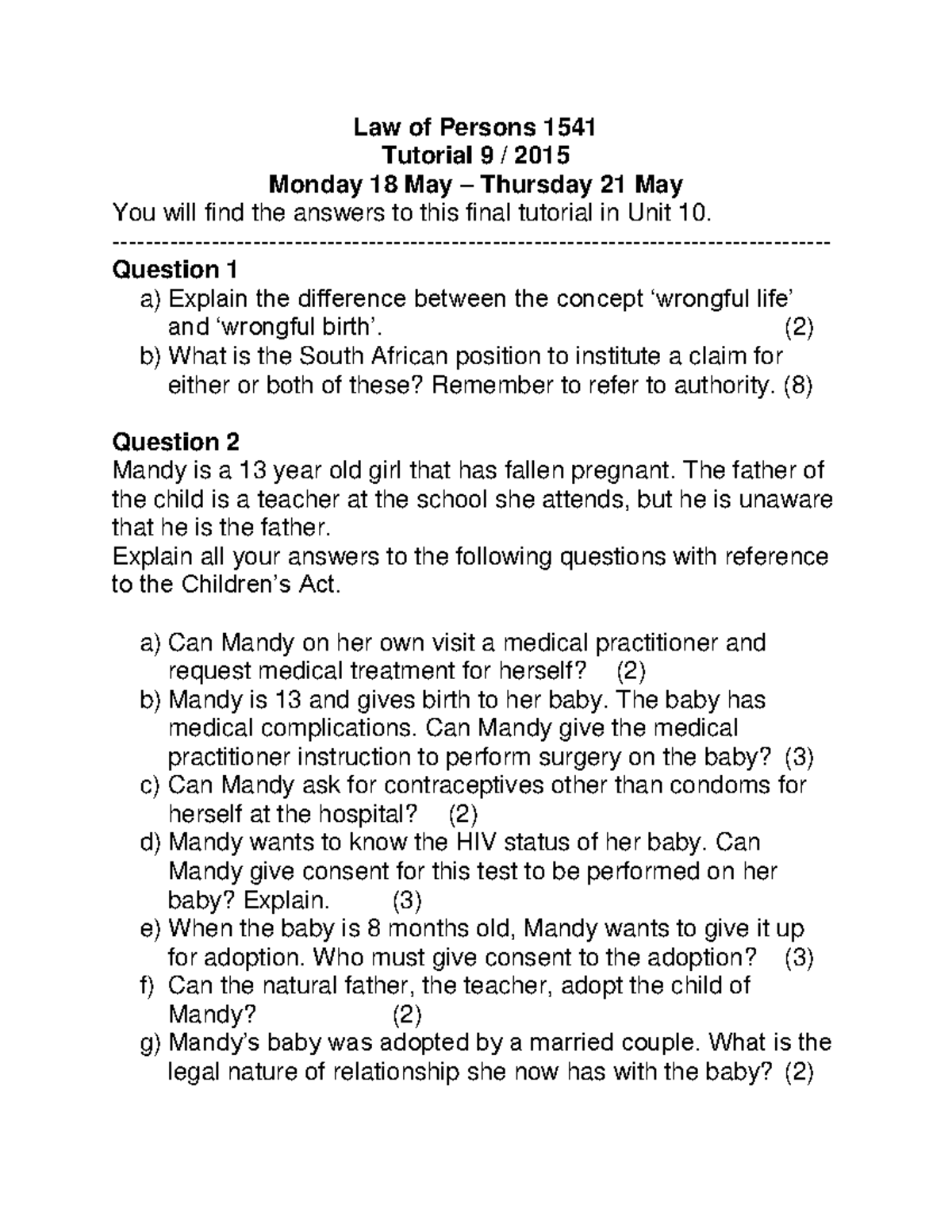 PER 9 - tutorial - Law of Persons 1541 Tutorial 9 / 2015 Monday 18 May ...