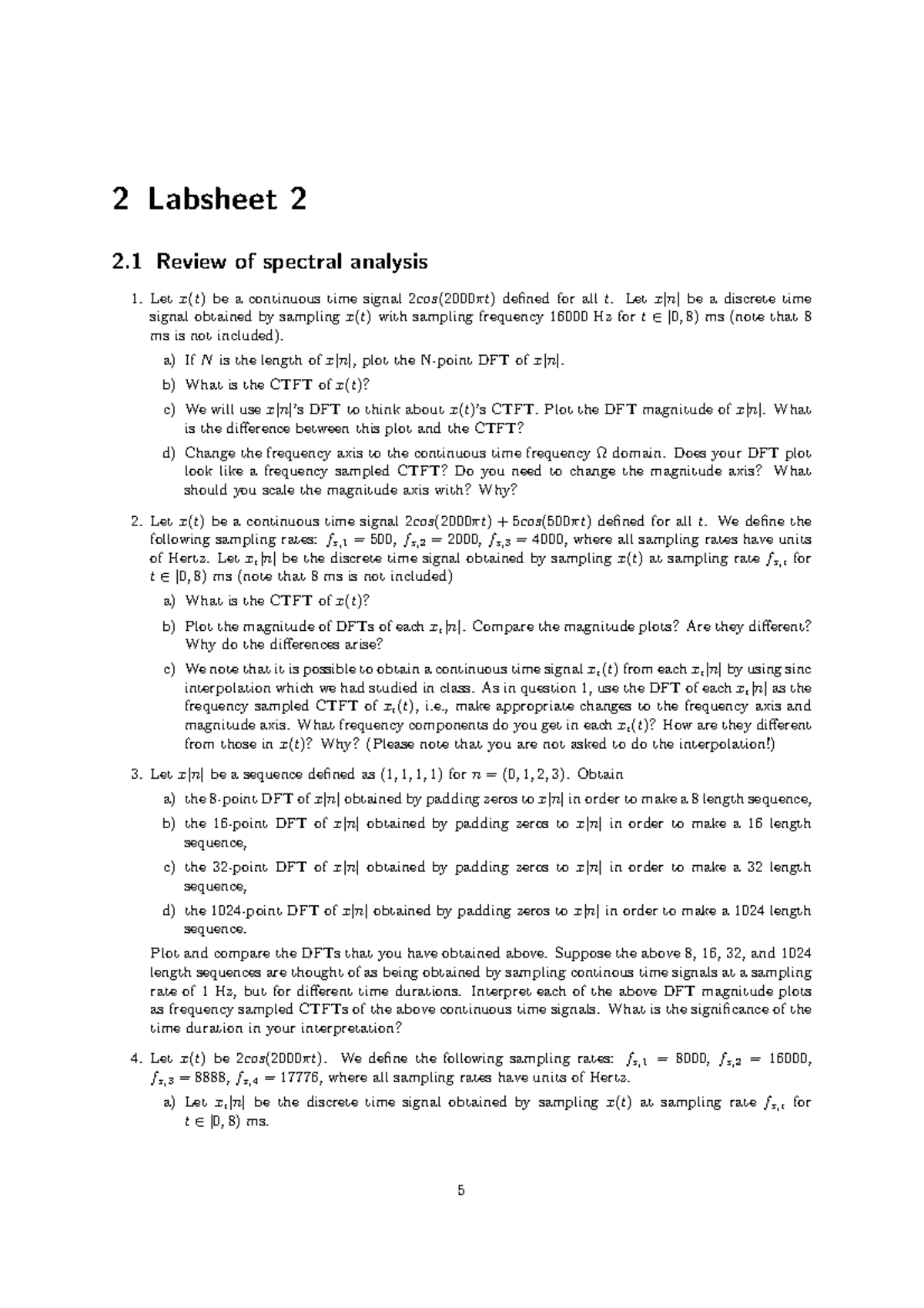 Labsheet 2 - lab sheet 2 - 2 Labsheet 2 2 Review of spectral analysis Let x(t) be a continuous ...