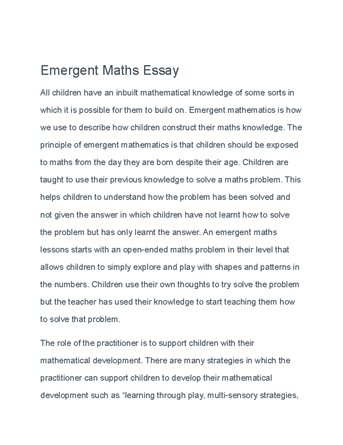 Emergent Maths in Early Childhood Education - Studocu