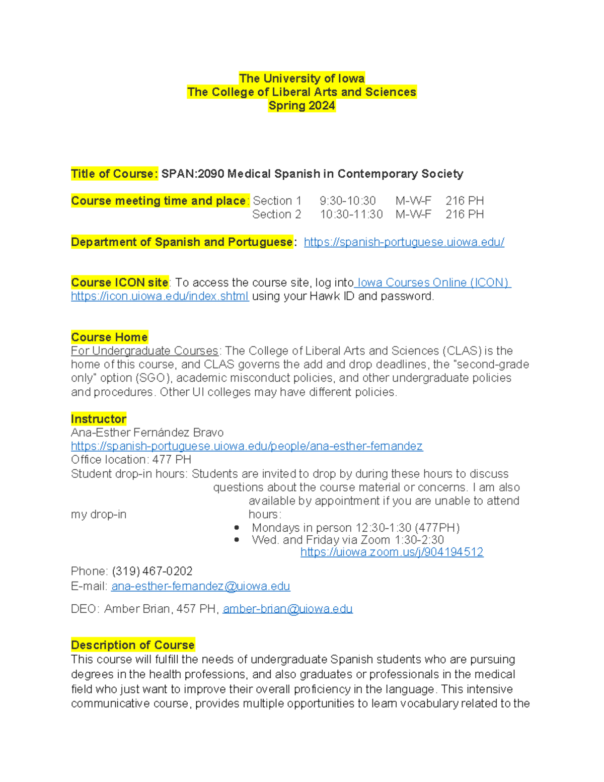 medical spanish syllabus - The University of Iowa The College of ...