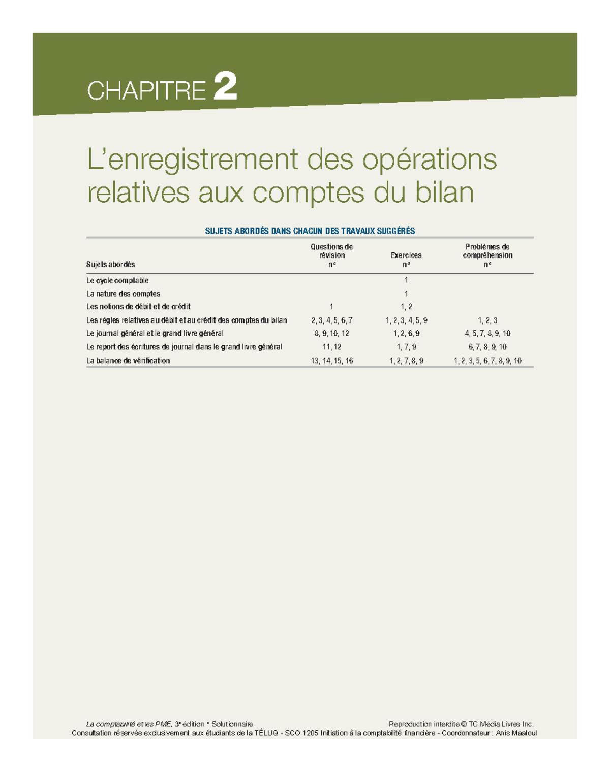 SCO 1205 Solutionnaire semaine 4 ch.2 - La comptabilité et les PME, 3 e édition · Solutionnaire ...