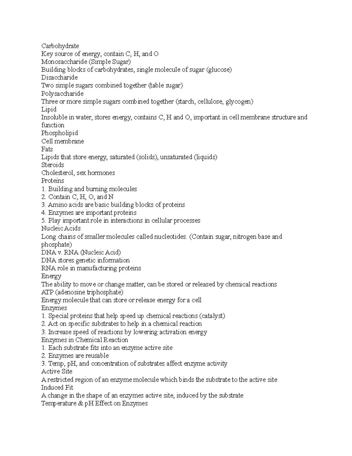 Bc 1 - notes - Carbohydrate Key source of energy, contain C, H, and O ...