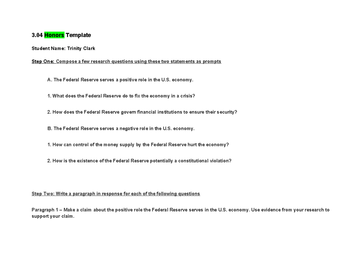 3.04 Honors assignment - 3 Honors Template Student Name: Trinity Clark Step One: Compose a few ...