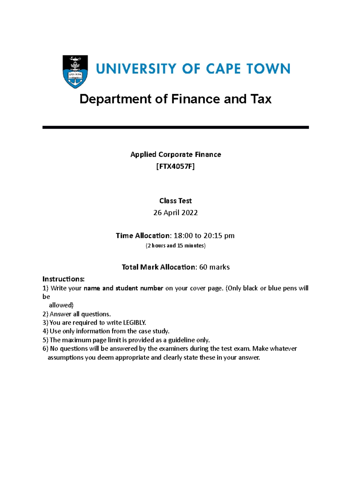 FTX 4057 Test 26 April 22 - Department of Finance and Tax Applied ...