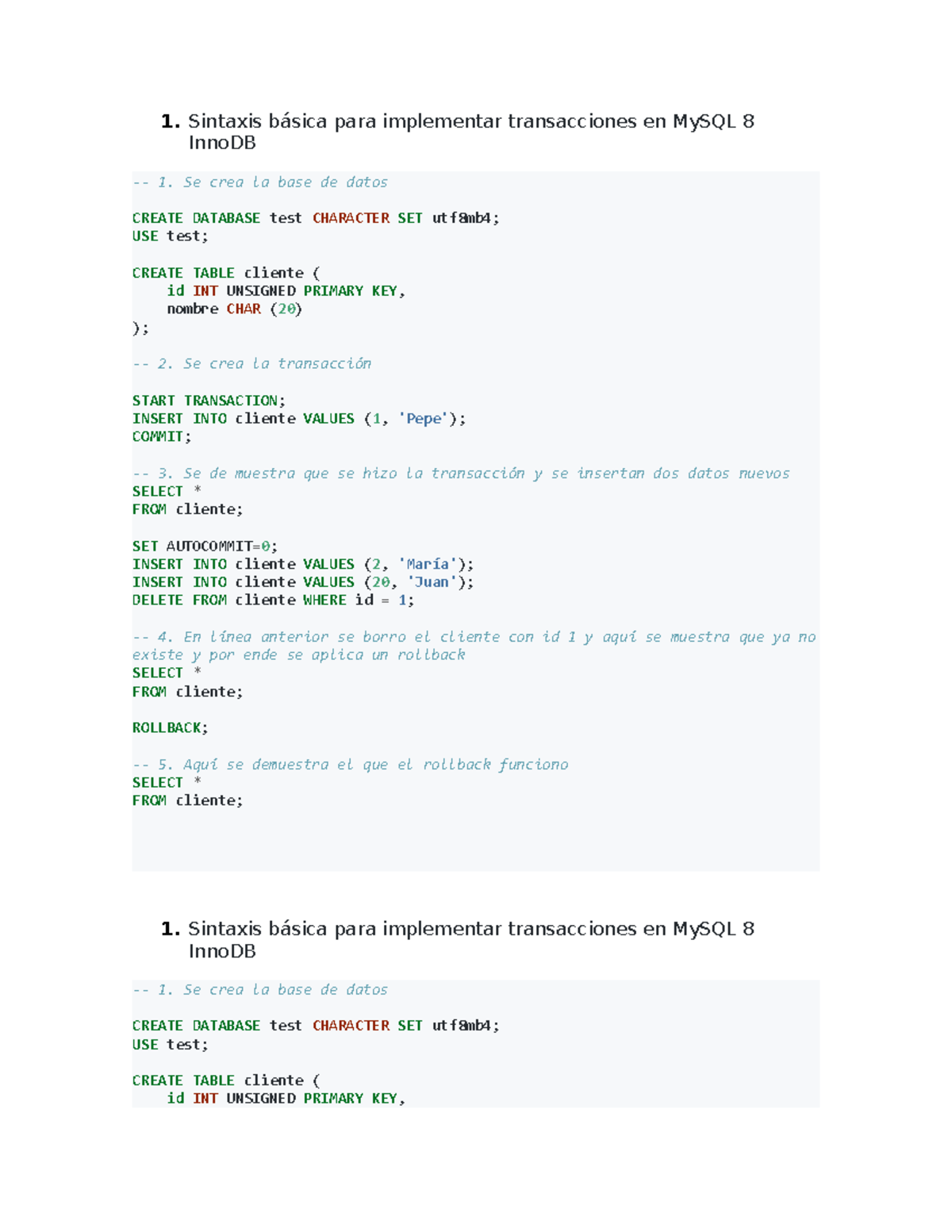 Sintaxis básica para implementar transacciones en My SQL 8 Inno DB - 1 ...
