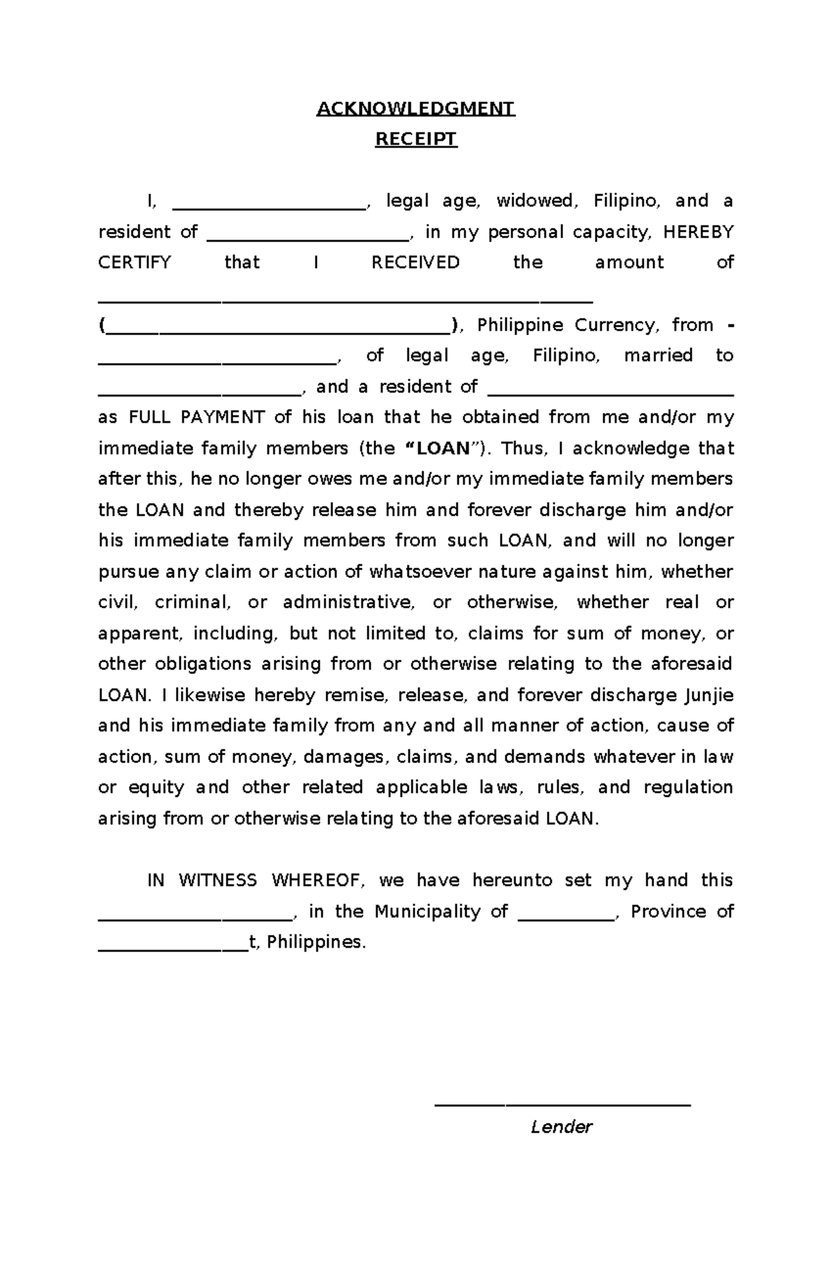 Acknowledgment Receipt - ACKNOWLEDGMENT RECEIPT I ...