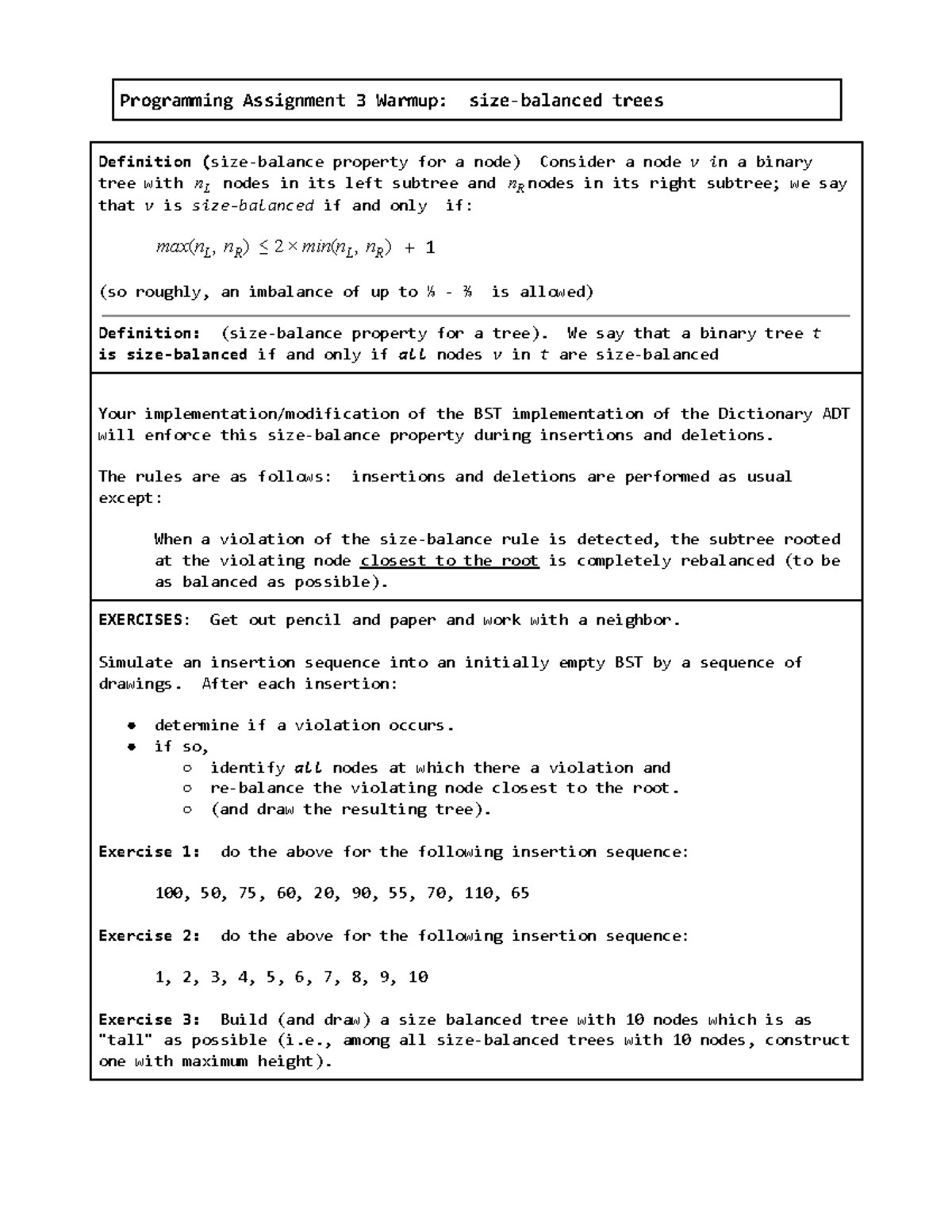 CS251 - Data Structure - Week 11 Lab - SIZE Balanced Trees - Programming Assignment 3 Warmup ...