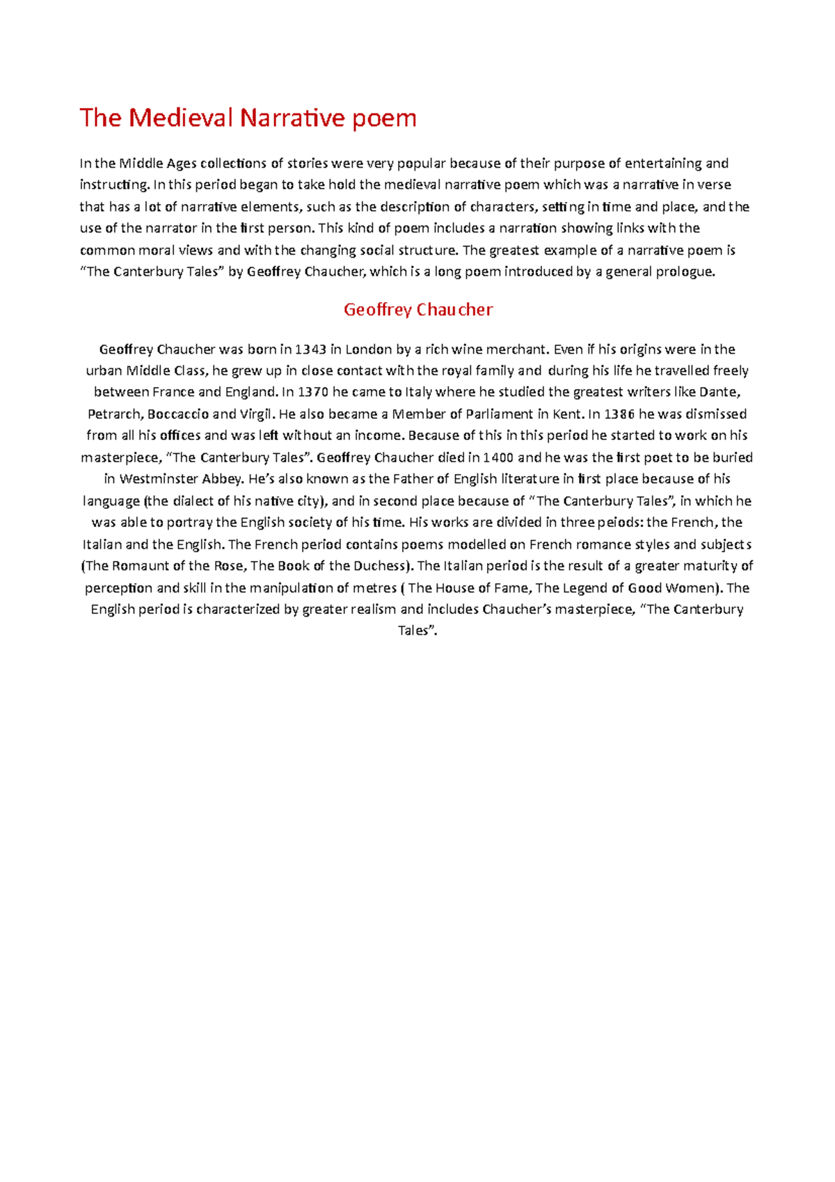 The Medieval Narrative poem - In this period began to take hold the ...